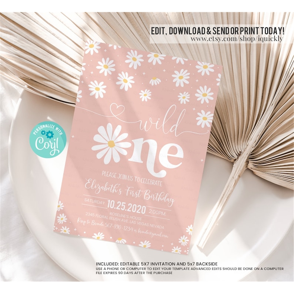 Editable Daisy Birthday Party Invitation Boho Daisy Wild One | Inspire ...