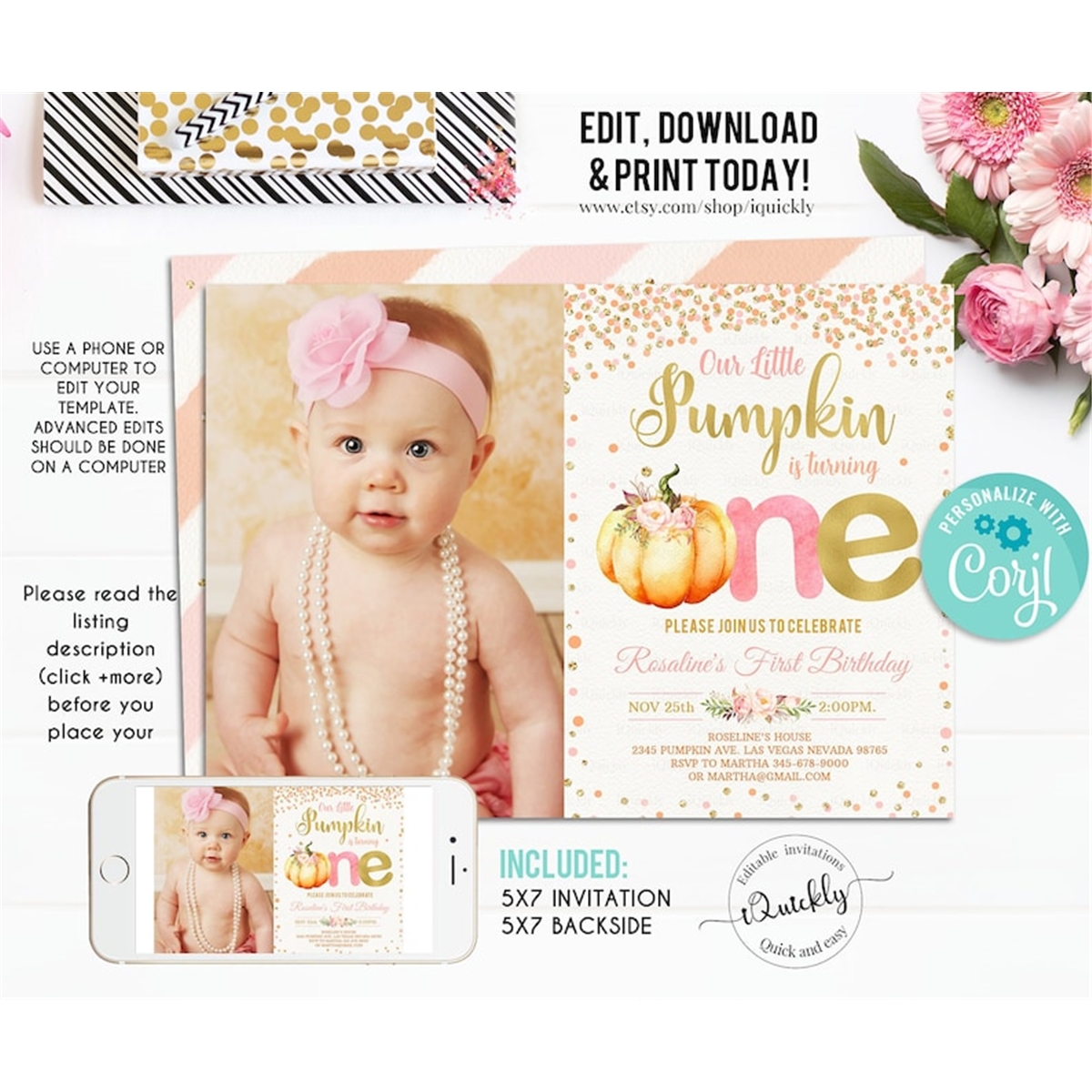 Editable Pumpkin First Birthday Invitation, Little pumpkin p | Inspire ...