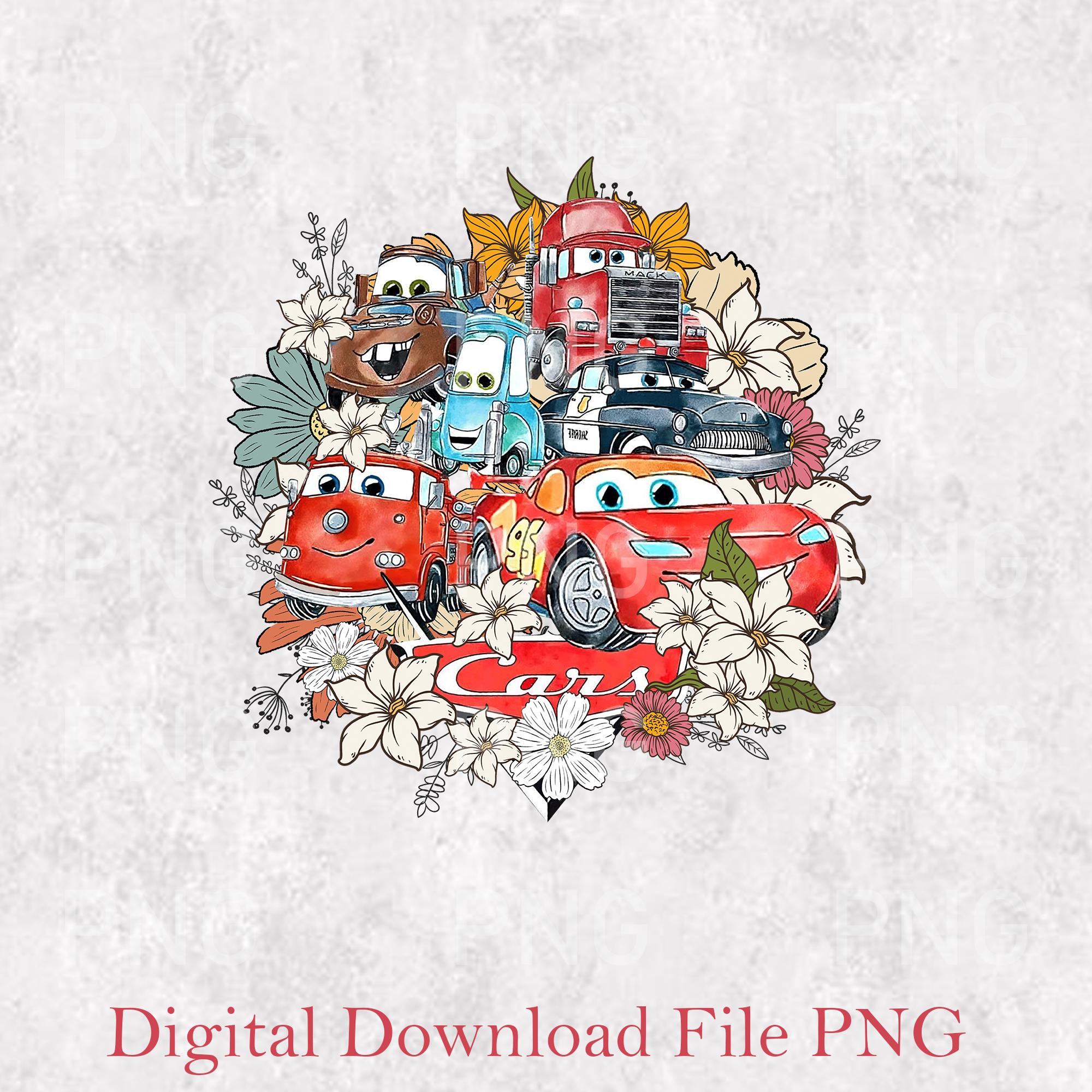 Vintage Disney Pixar Cars Floral PNG, Lightning McQueen PNG, | Inspire ...