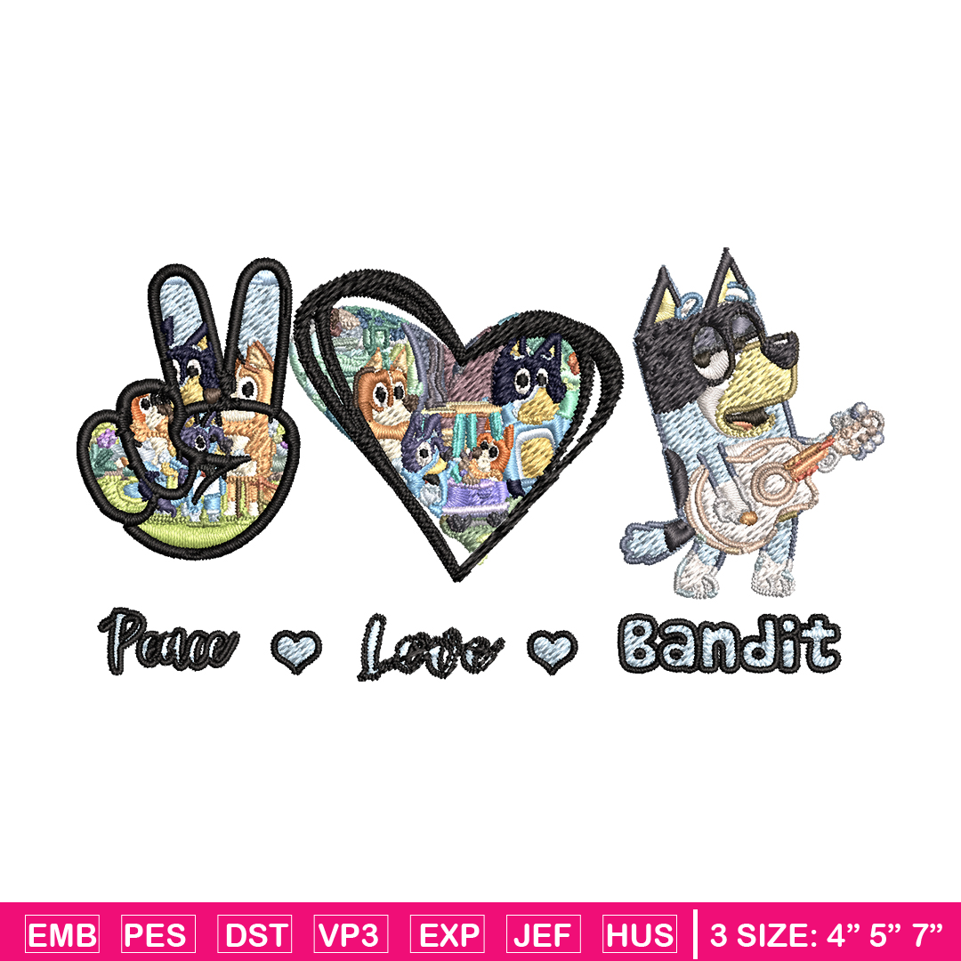 Bluey Peace Love bandit Embroidery design, Bluey cartoon Emb | Inspire ...