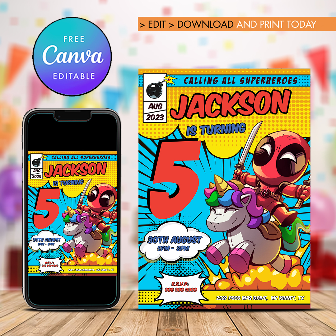 Deadpool Boy ANY AGE Birthday Invitation, Superheroes Comic - Inspire ...