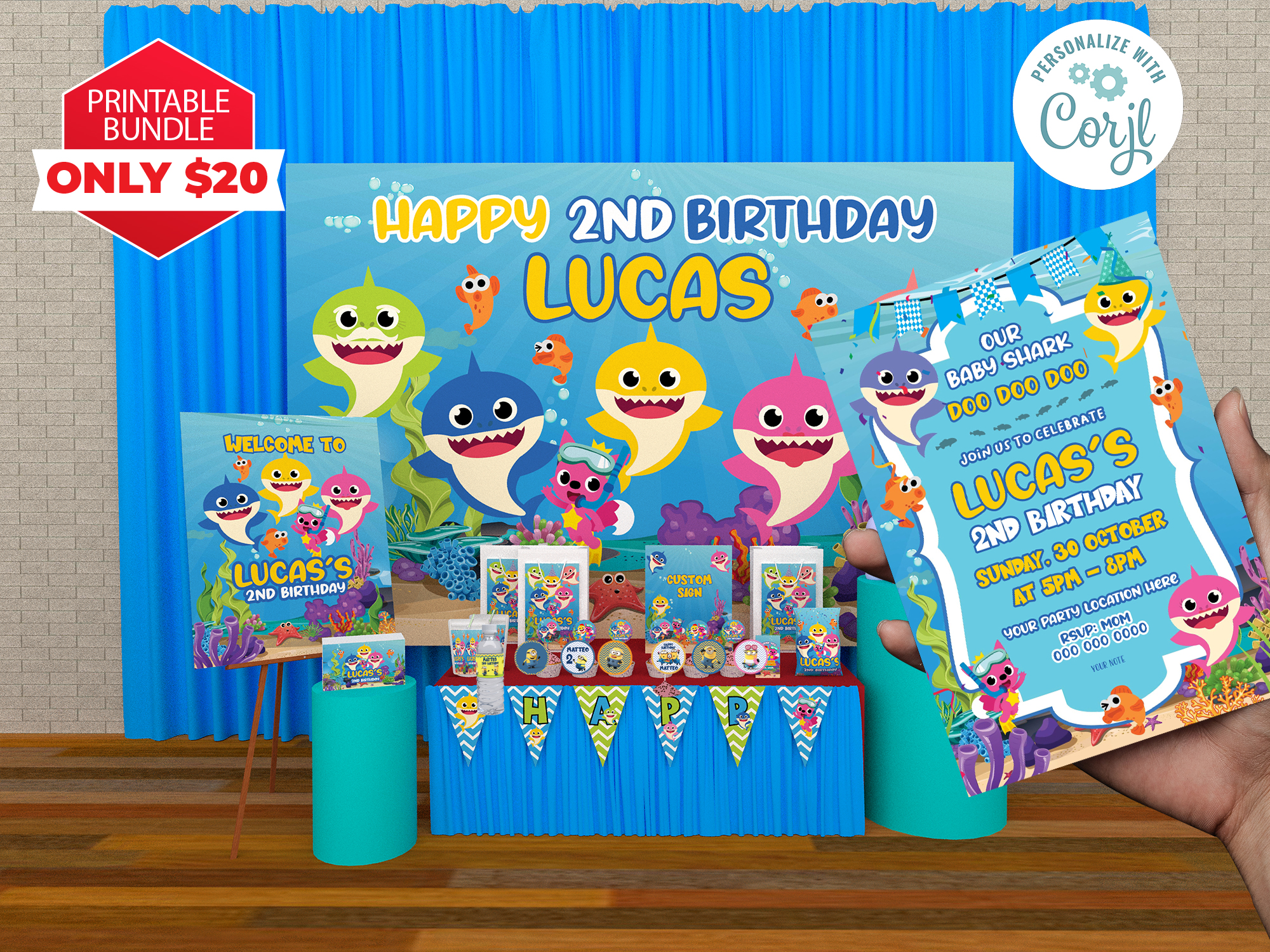 Package Baby Shark Birthday Party Decoration Editable Printa | Inspire ...