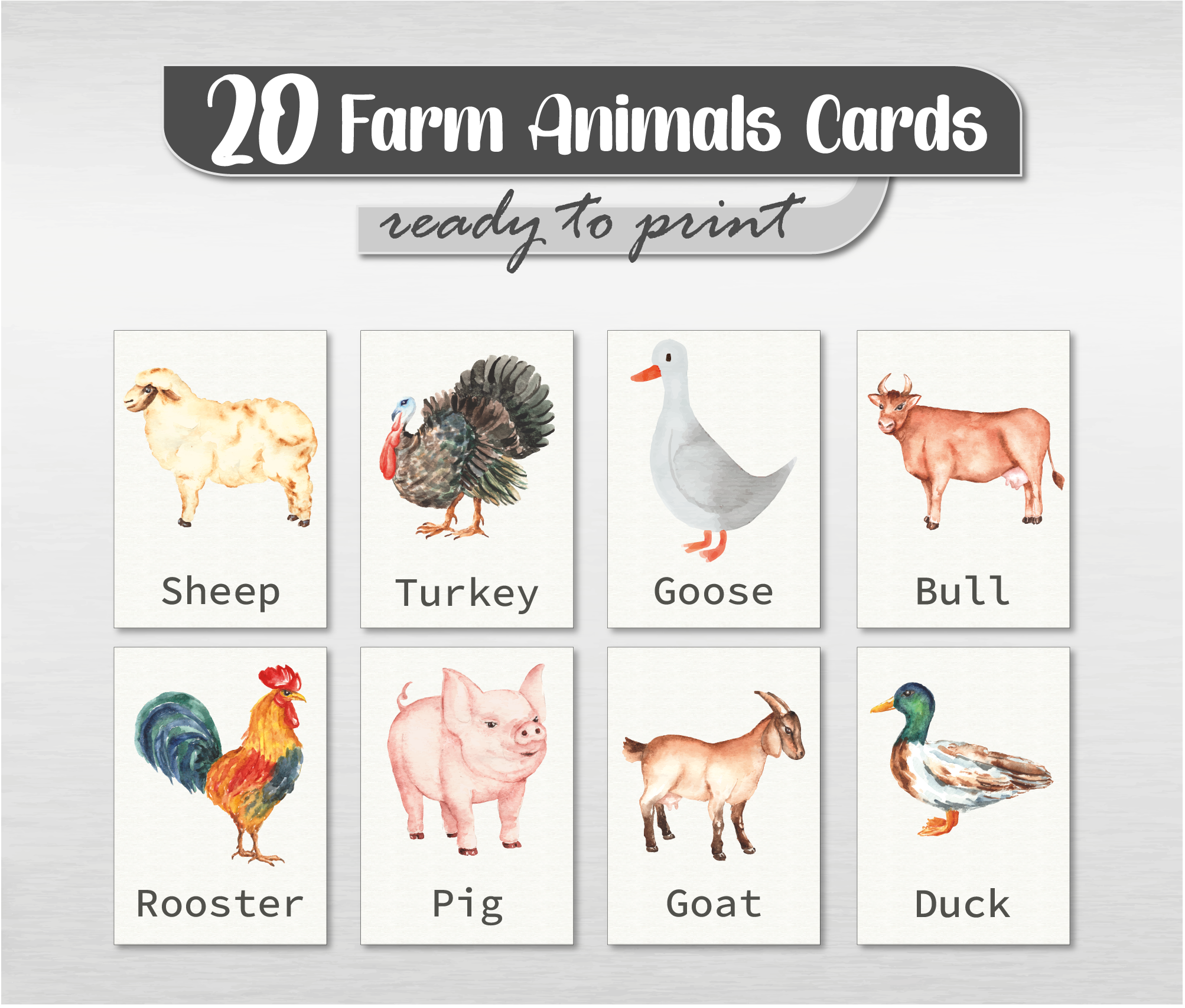 20 Farm Animals Cards, Montessori flash cards, Pre-School Ca - Inspire ...