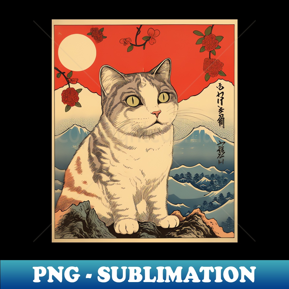 Vintage Japanese art Hiroshige Neko Cat Mount Fuji Ukiyo-e - | Inspire ...