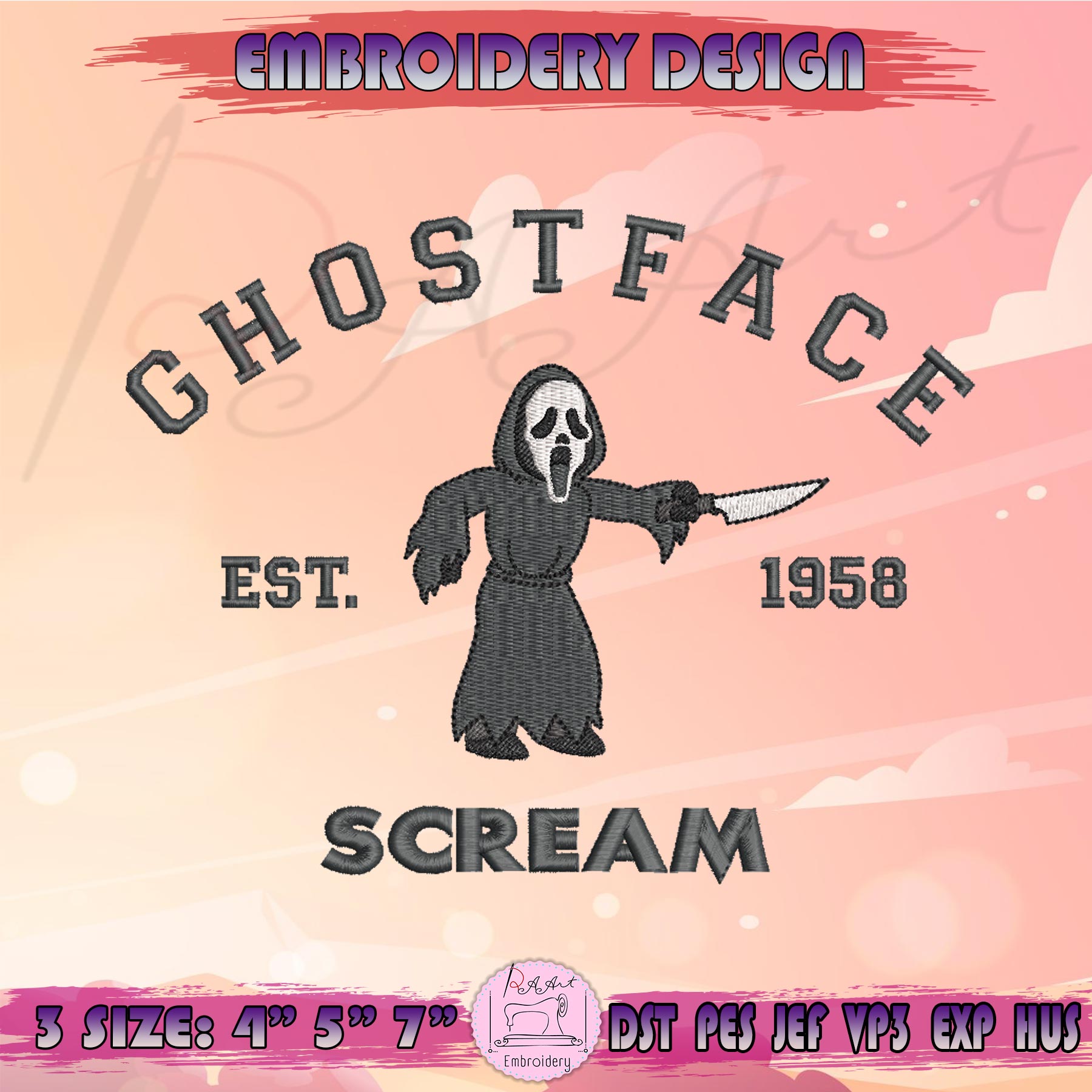 Ghost Face Embroidery Design, Scream Embroidery, Horror Char | Inspire ...