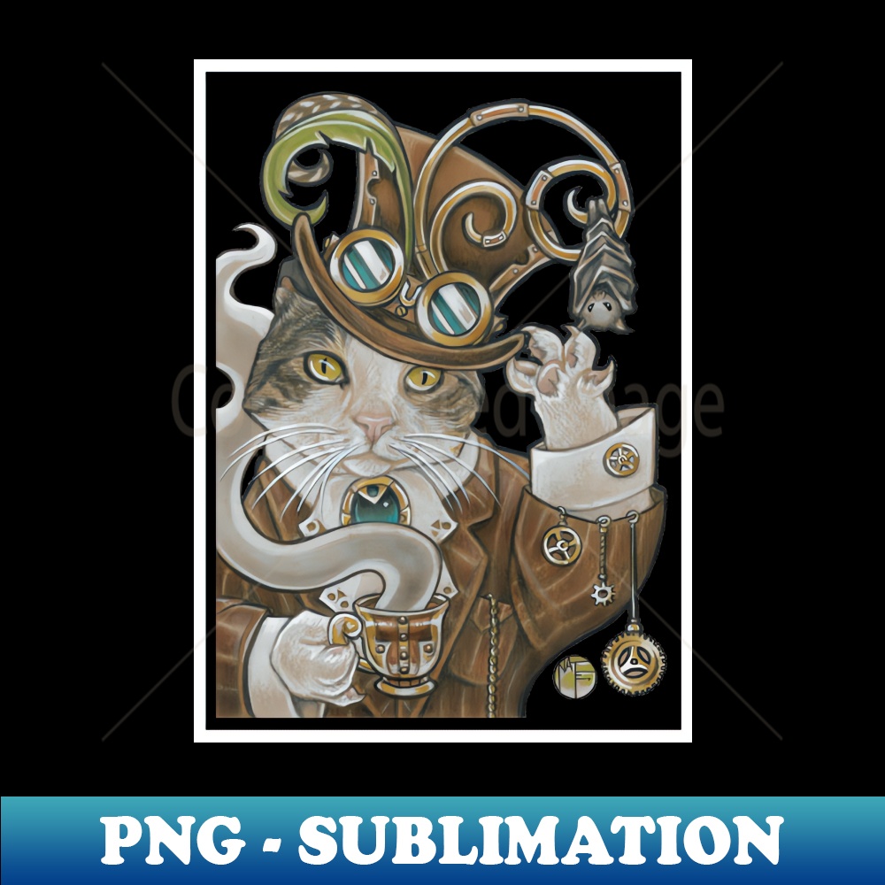 Steampunk Cat -Tea Party with Bat -White Outline - Exclusive | Inspire ...