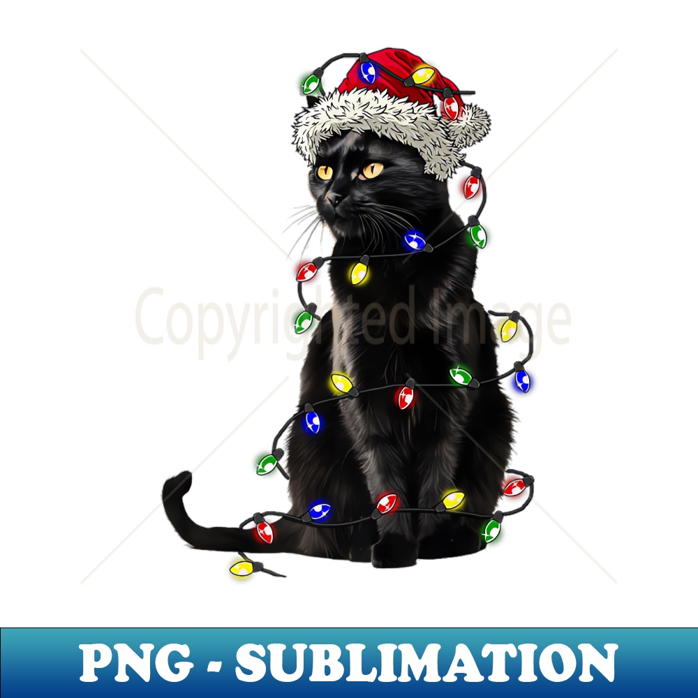 Santa Black Cat Tangled Up In Christmas Tree Lights Holiday | Inspire ...