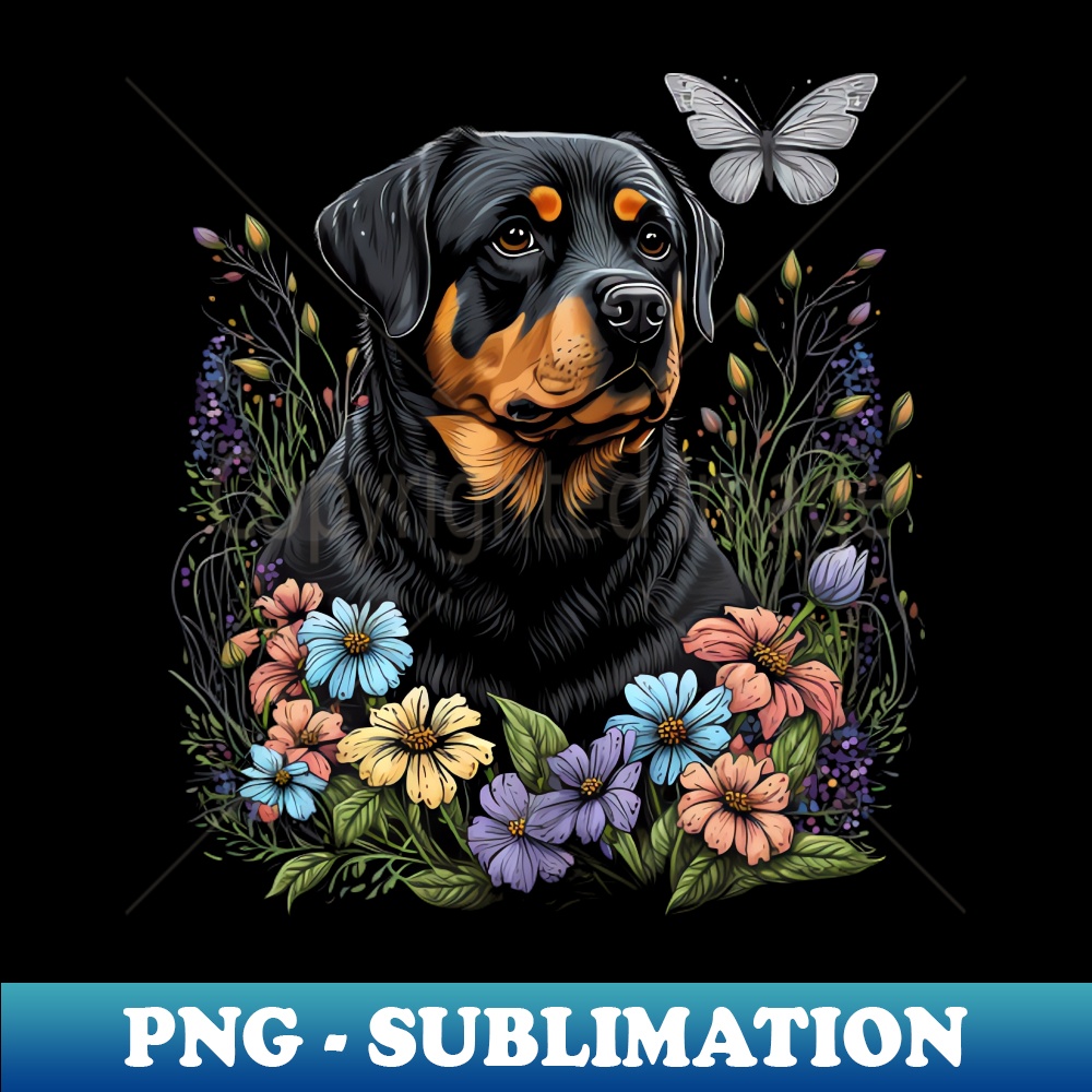 Rottweiler and Butterfly in the Spring Garden Floral Black - | Inspire ...