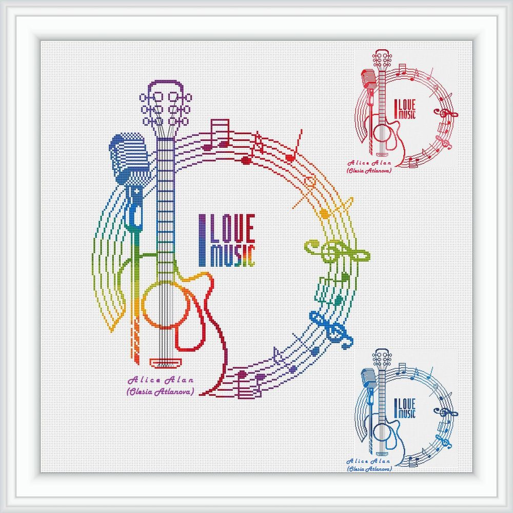 Cross stitch pattern music microphone guitar notes stave | Inspire Uplift