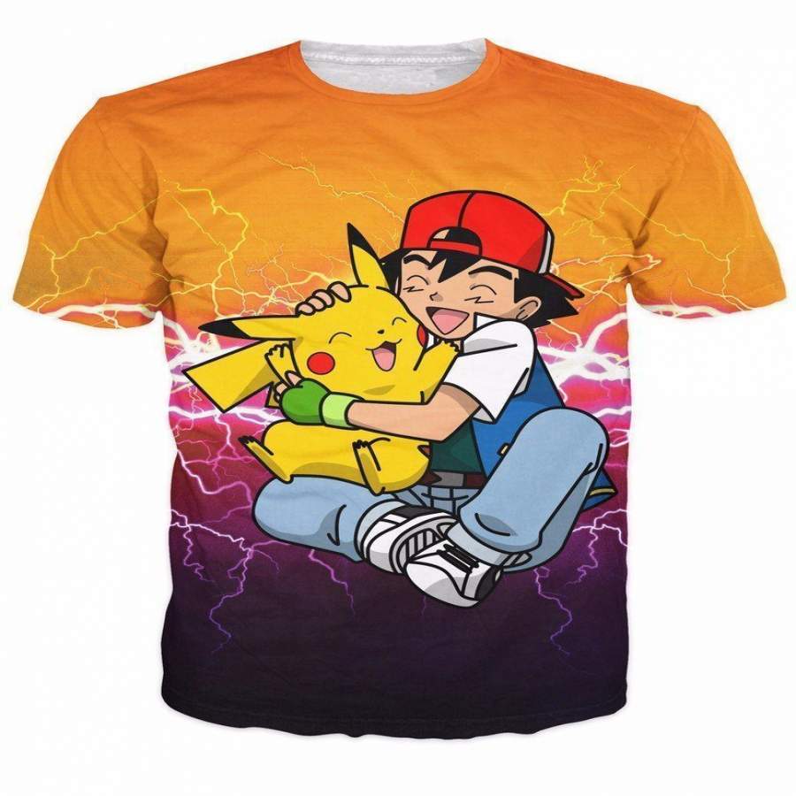Anime Pokemon Cute Ash Ketchum Hug Pikachu Happy Moment 3D T | Inspire ...