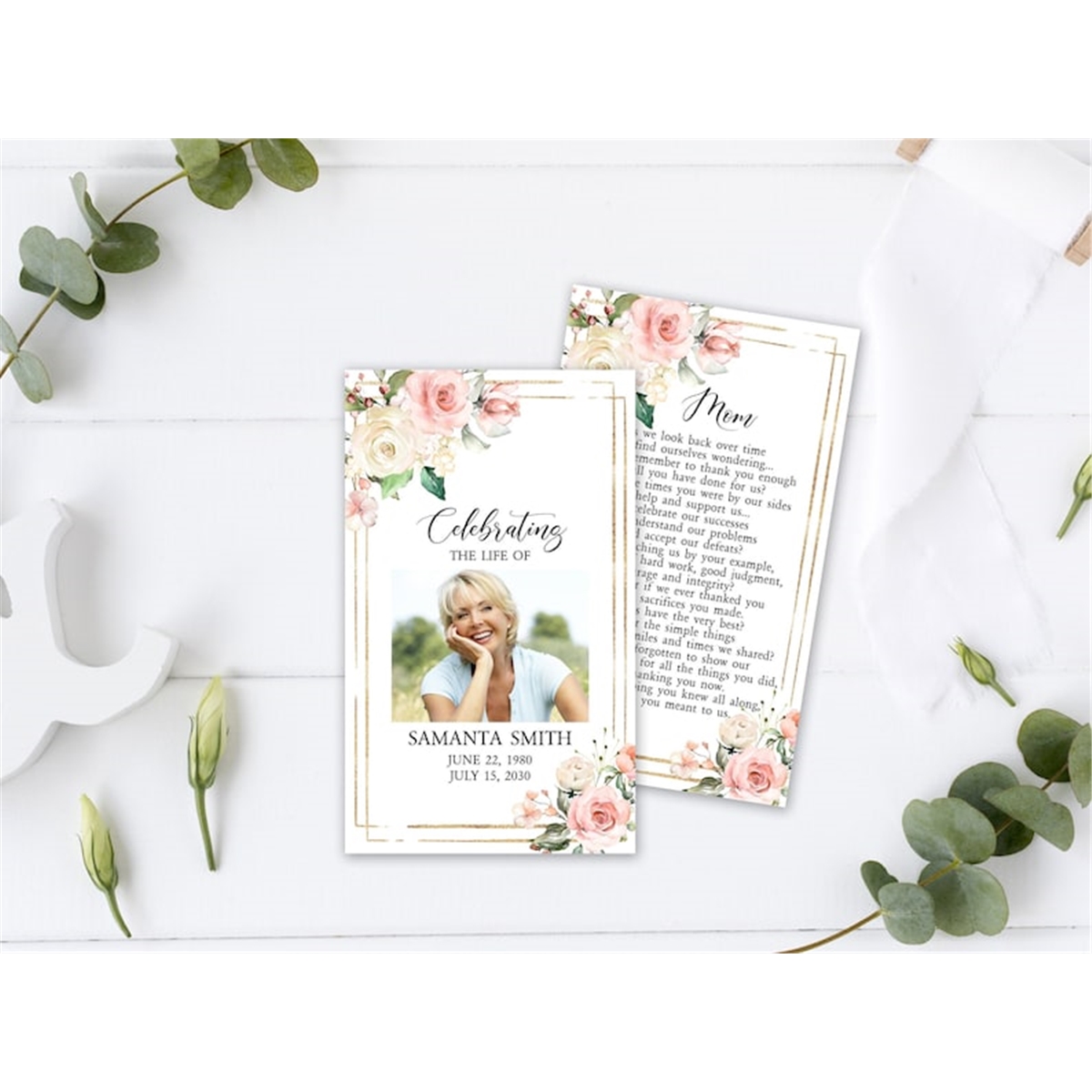 Blush Pink Funeral Prayer Card, EDITABLE, Printable Memorial - Inspire ...