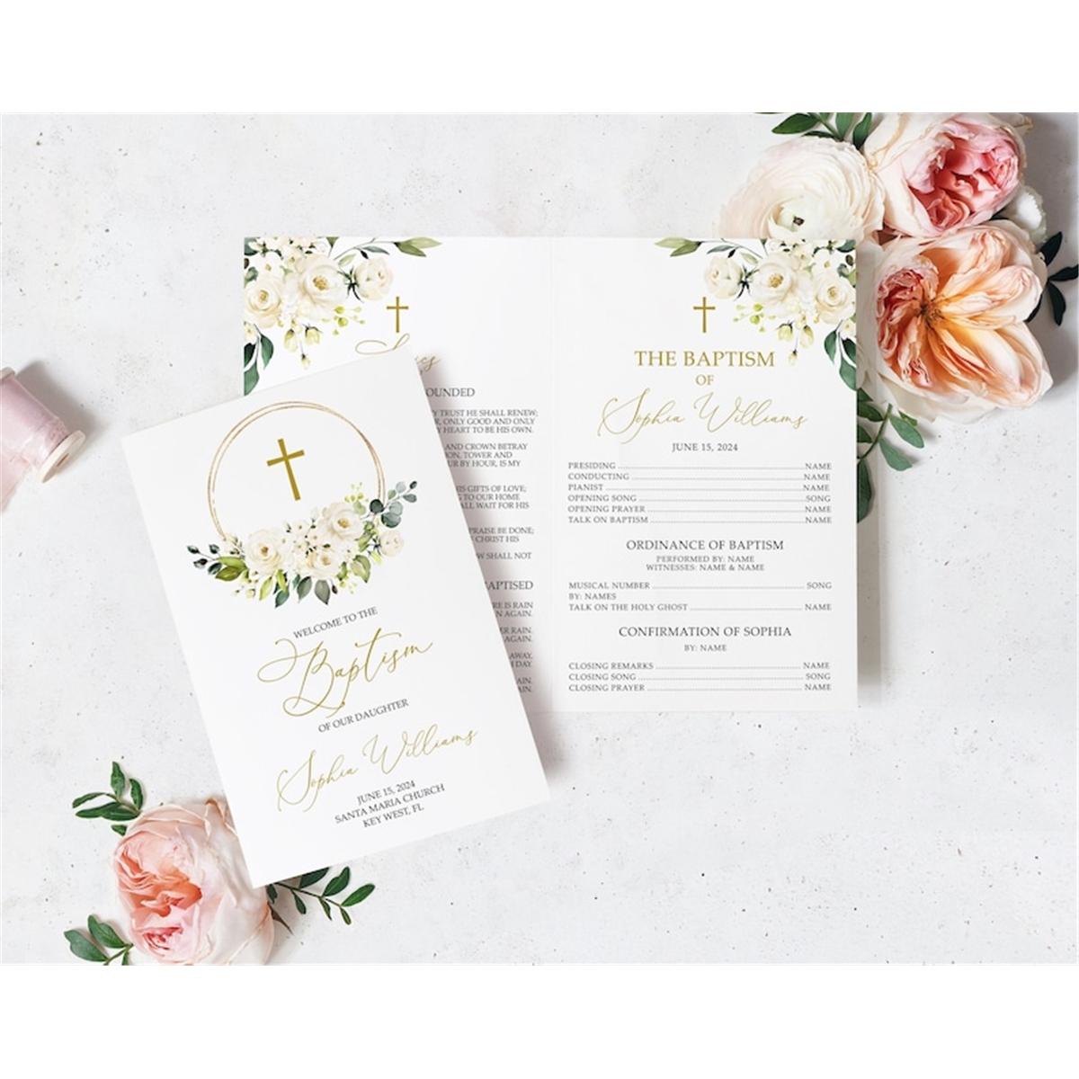 White Flowers Baptism Program Template, EDITABLE Printable C | Inspire ...