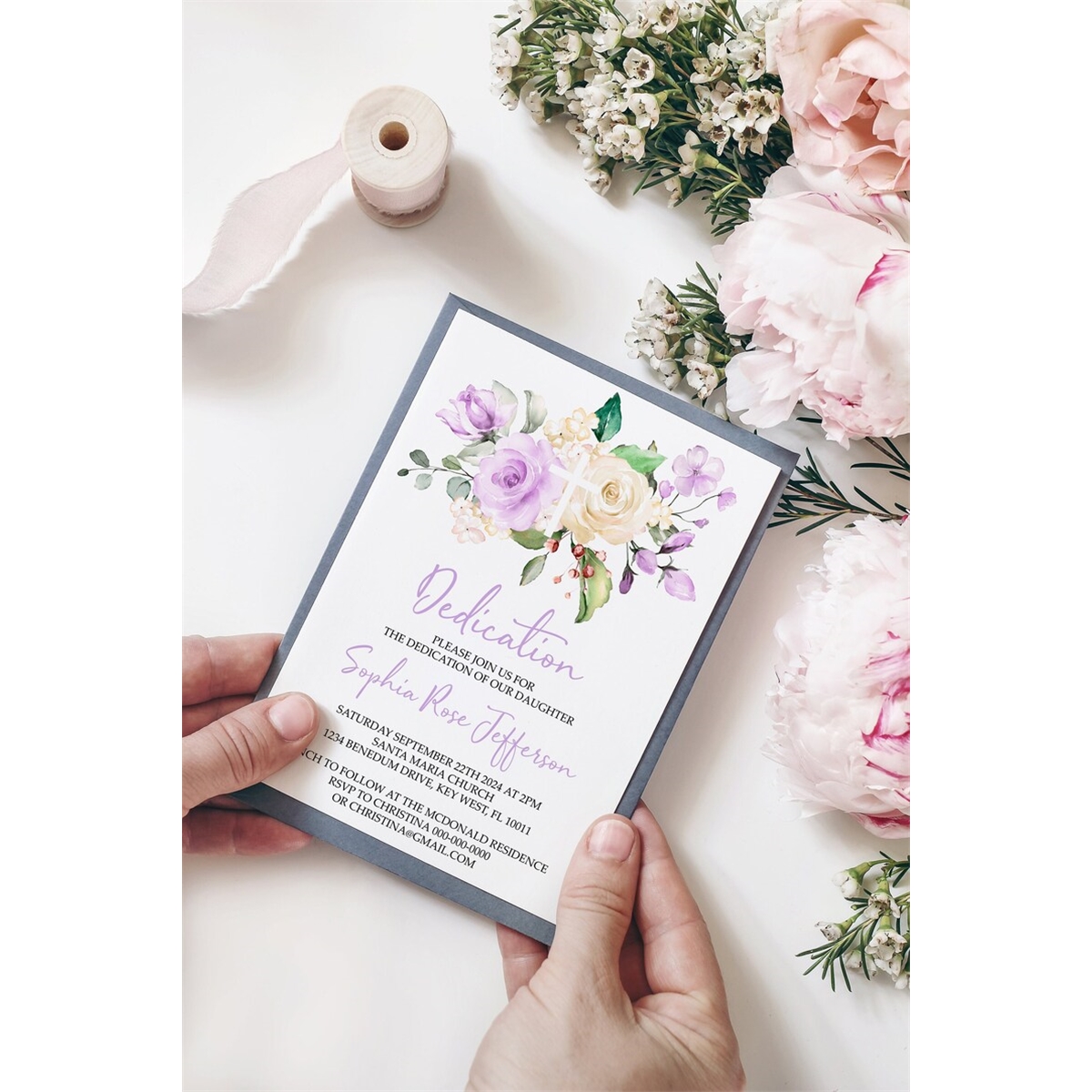 Lavender Rose Dedication Invitation, EDITABLE Template, Prin | Inspire ...