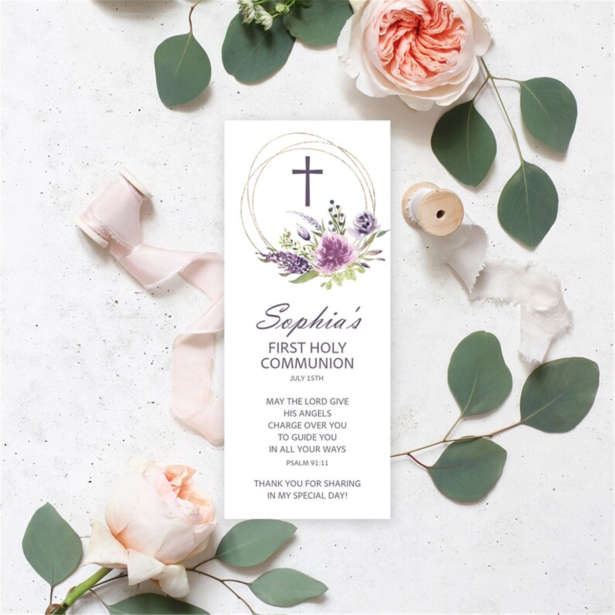 Lavender First Holy Communion Bookmark Template, EDITABLE, F | Inspire ...