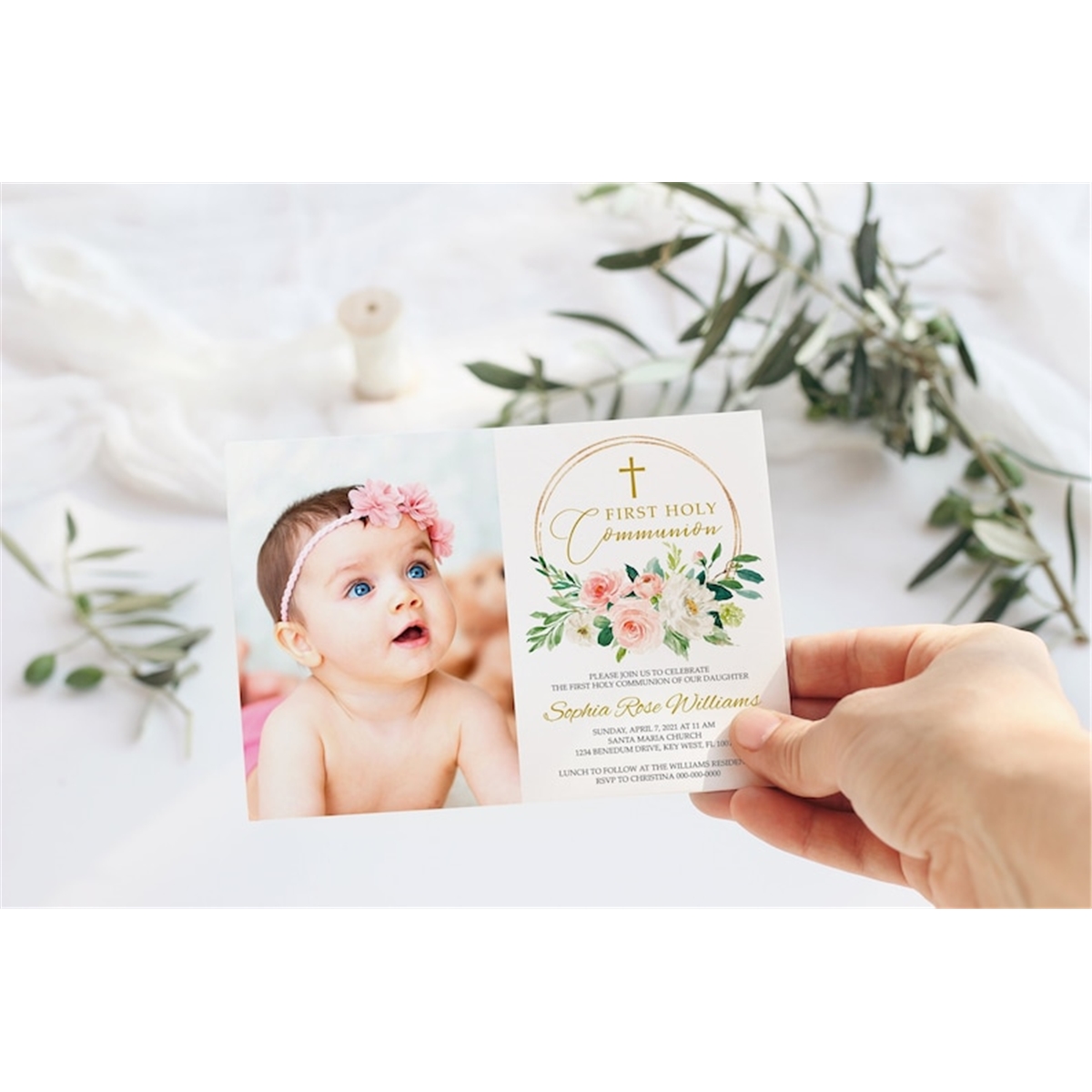 First Holy Communion Invitation, EDITABLE Template, Floral P - Inspire ...
