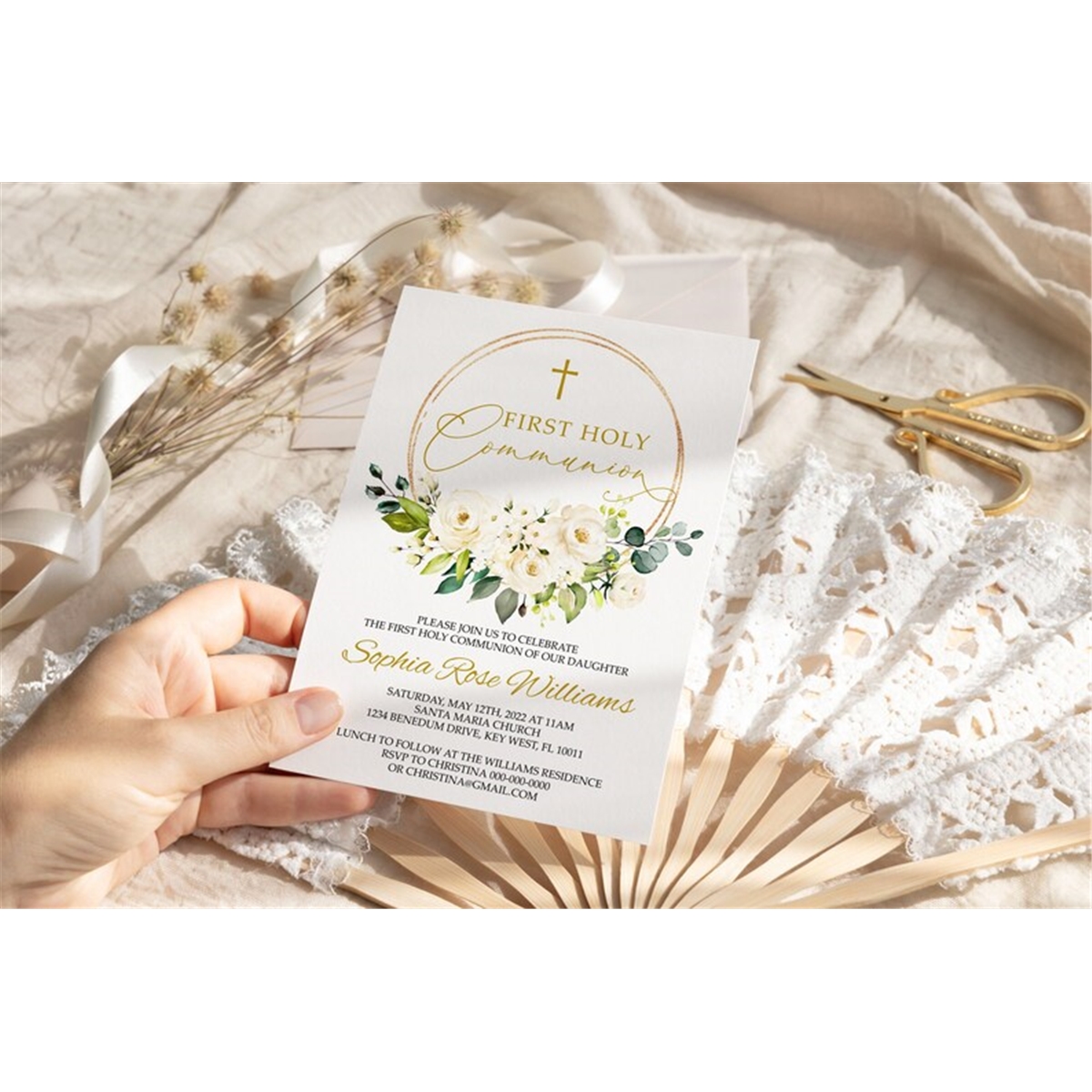 First Holy Communion Invitation, EDITABLE Template, White Fl | Inspire ...