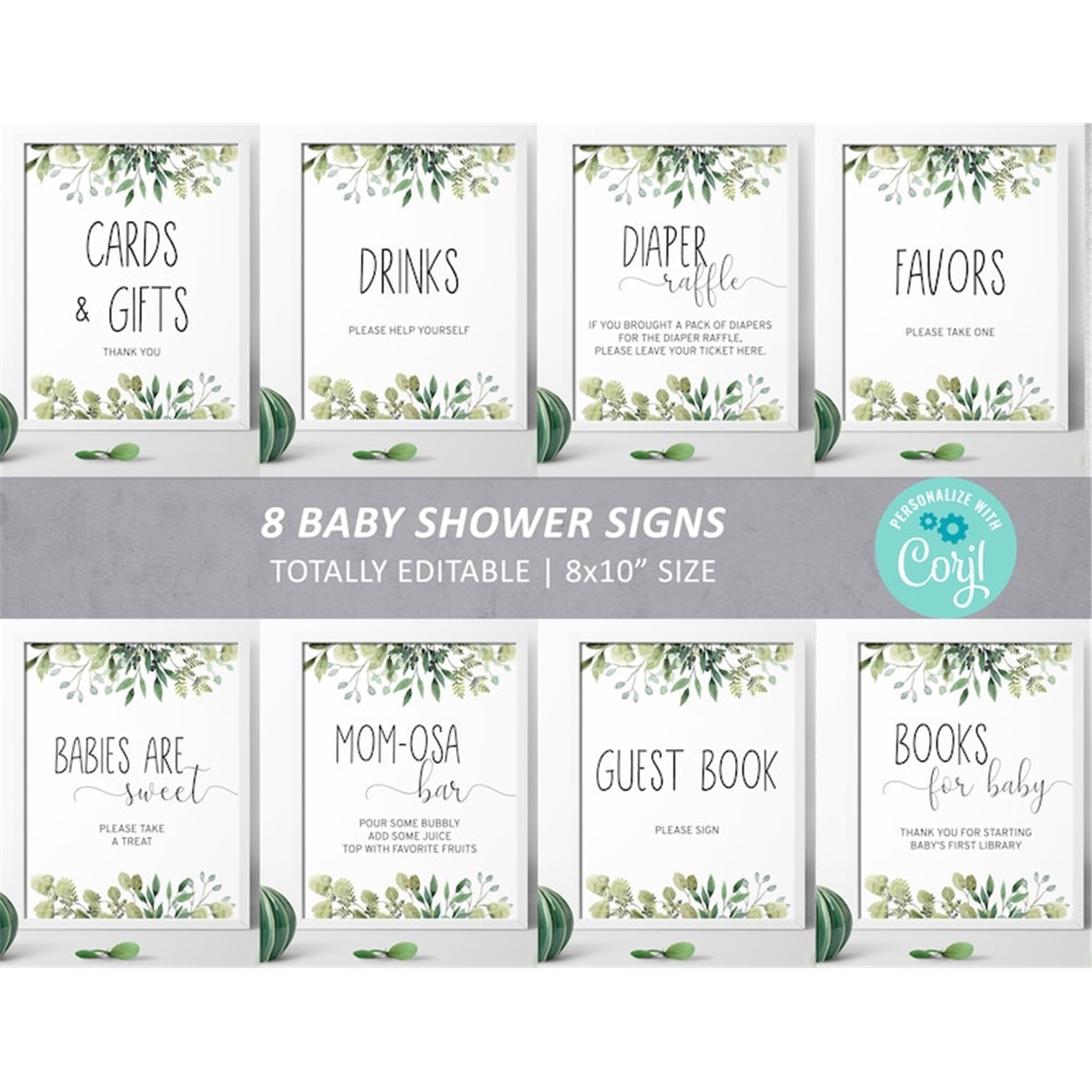 Greenery Baby Shower Sign Pack, 100 Editable, Green Leaves C | Inspire ...