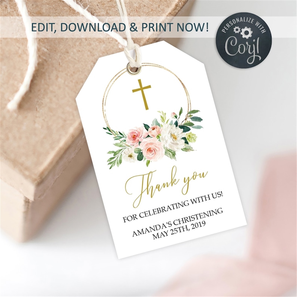 Floral Christening Thank You Favor Tag Template, EDITABLE, B | Inspire ...