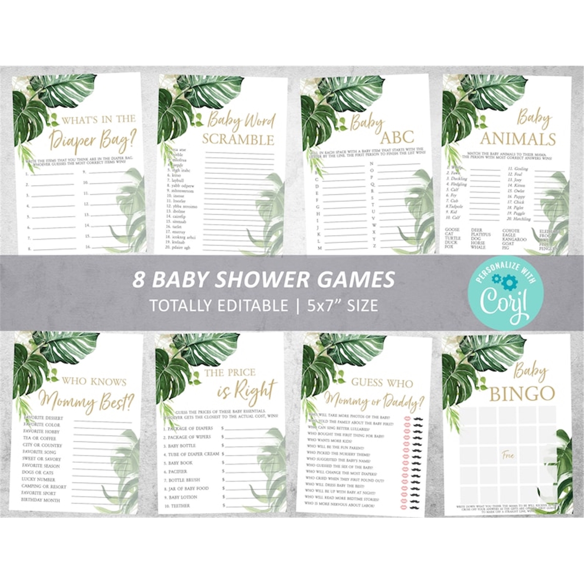 Tropical Baby Shower Game Set, 100 EDITABLE, Greenery Games - Inspire ...