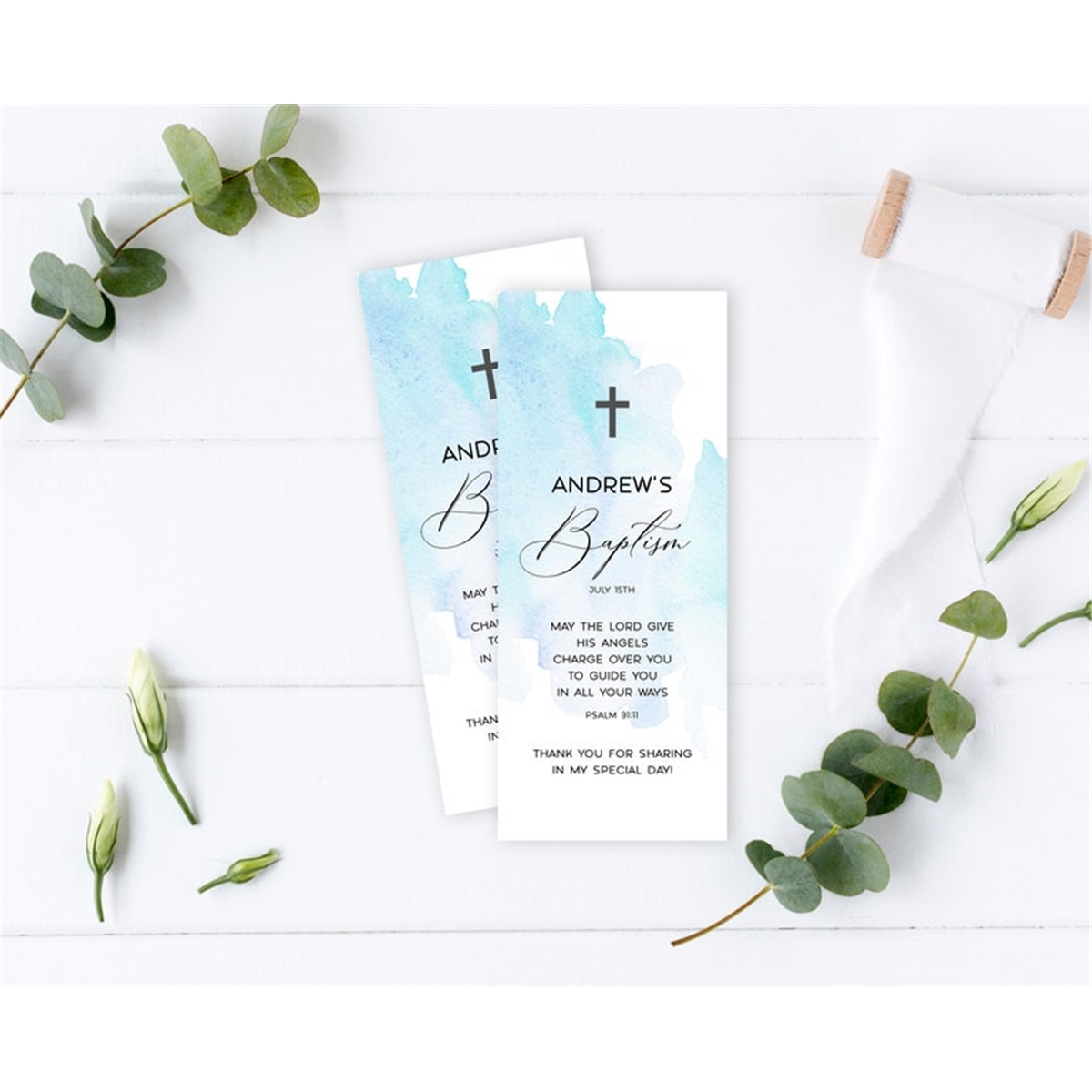 Baptism Bookmark Template, EDITABLE, Blue Watercolor Bookmar - Inspire ...