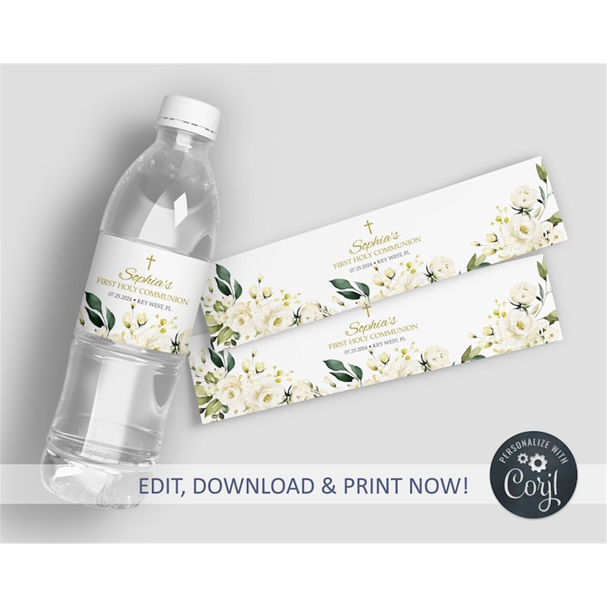 White Flowers Water Bottle Label, EDITABLE First Communion W | Inspire ...