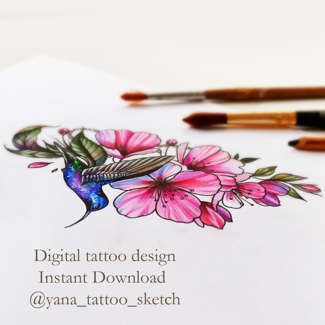 Hummingbird Tattoo Design With Flowers Color Hummingbird Tat - Inspire ...