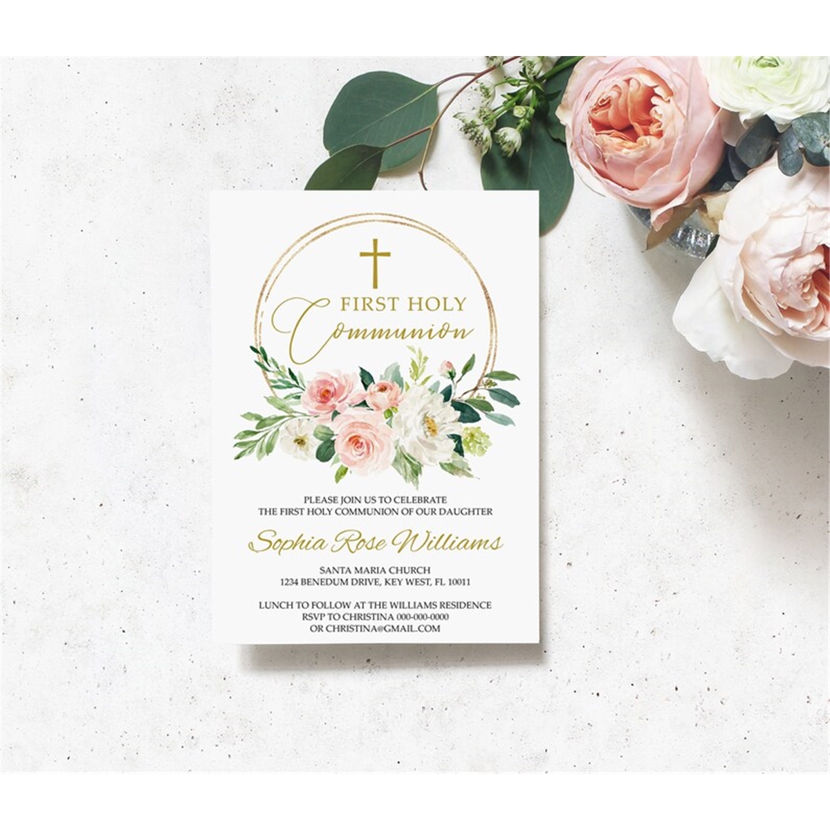 First Holy Communion Invitation, EDITABLE Template, Floral P - Inspire ...