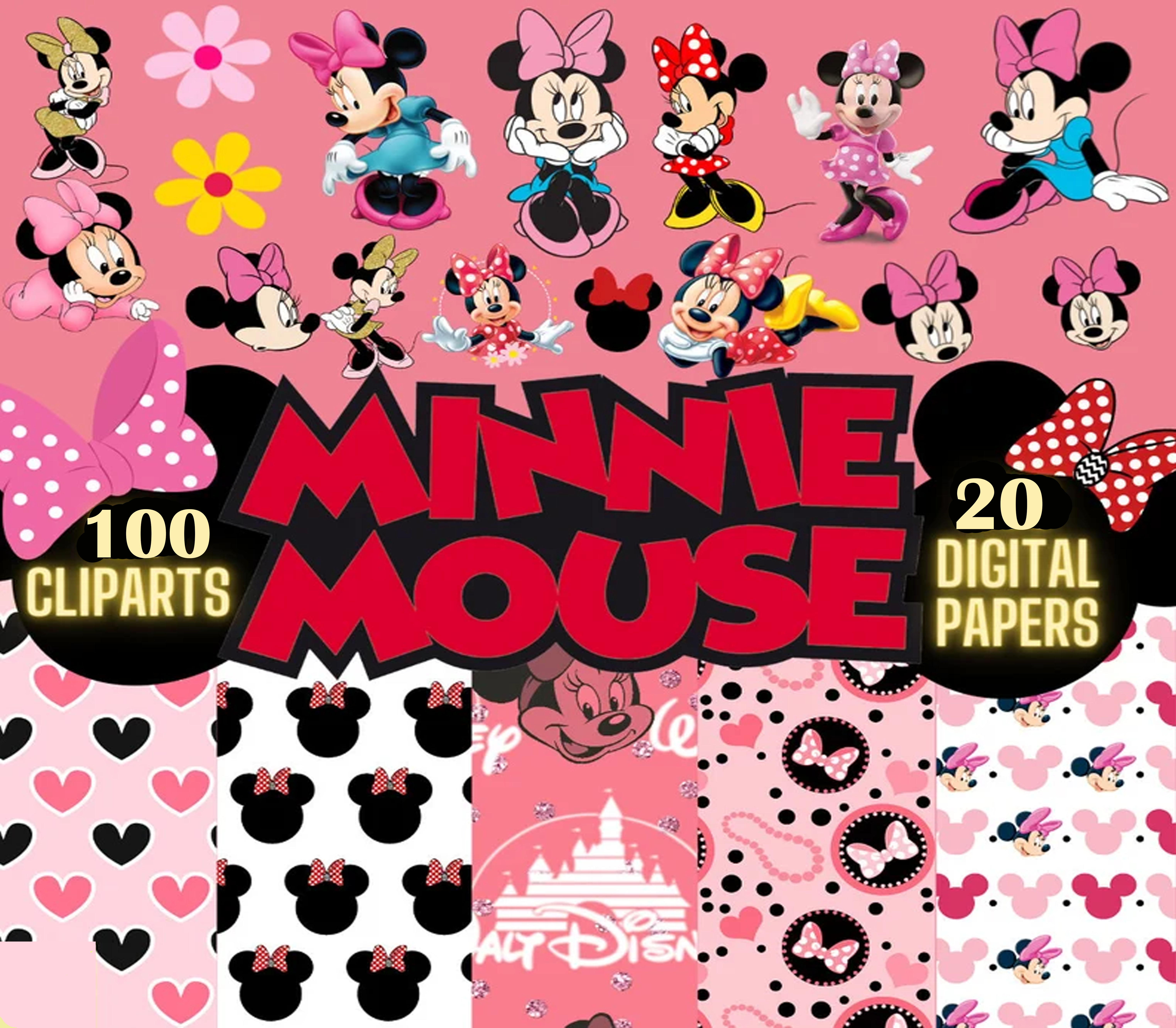 10 Digital Paper Minnie Mouse, 100 PNG Clipart Minnie, Red M | Inspire ...