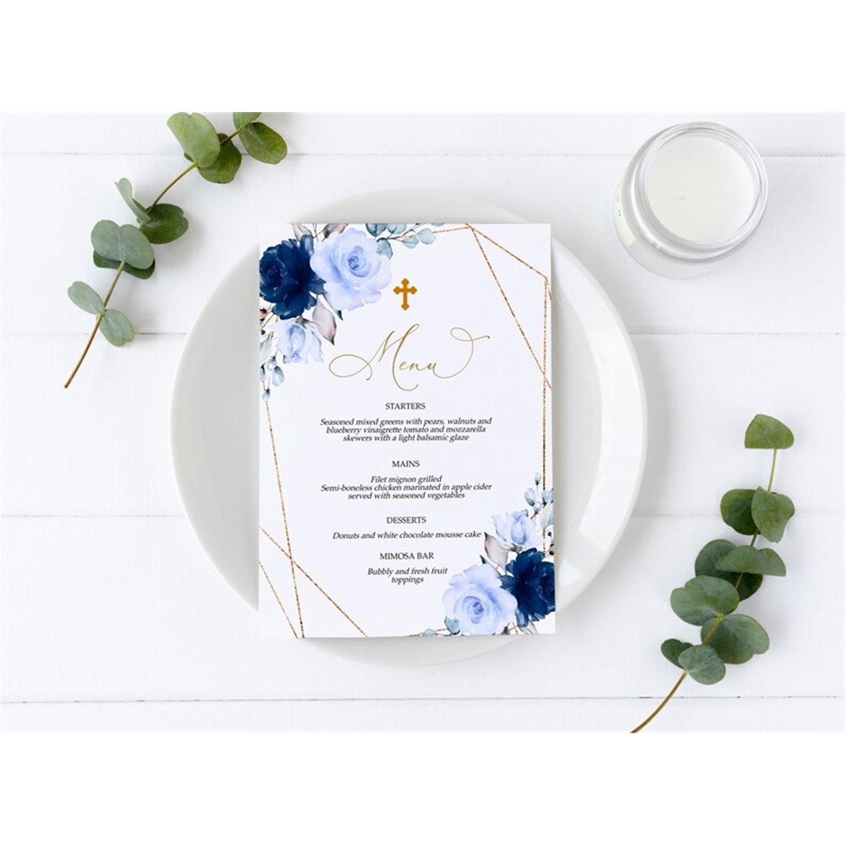 Navy Blue & Gold Floral Baptism Menu, EDITABLE Template, Pri | Inspire ...