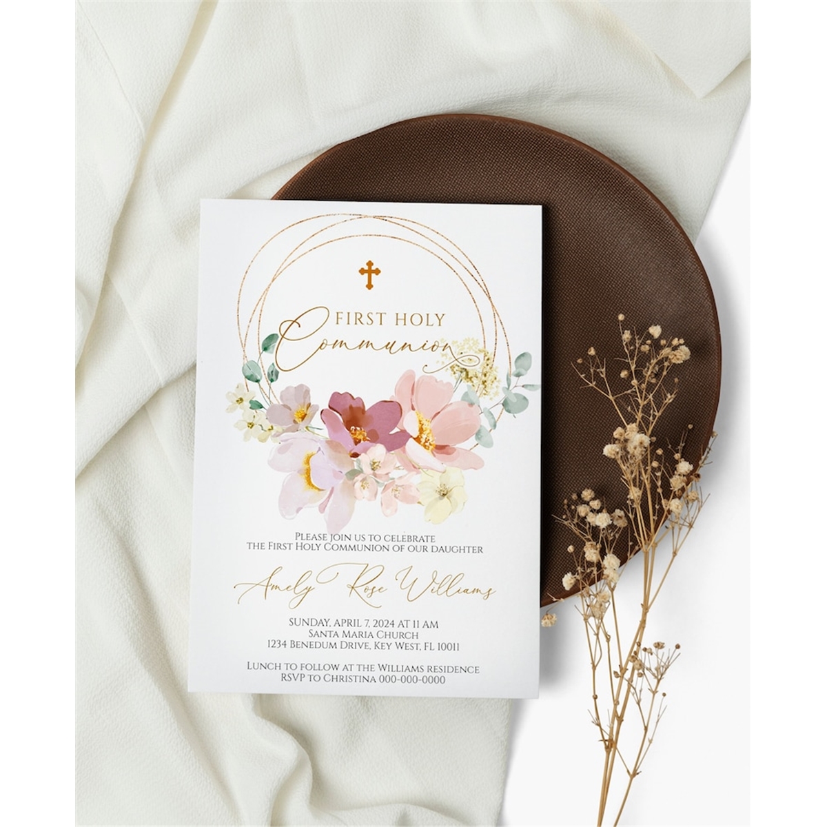 First Holy Communion Invitation, EDITABLE Template, Wildflow | Inspire ...