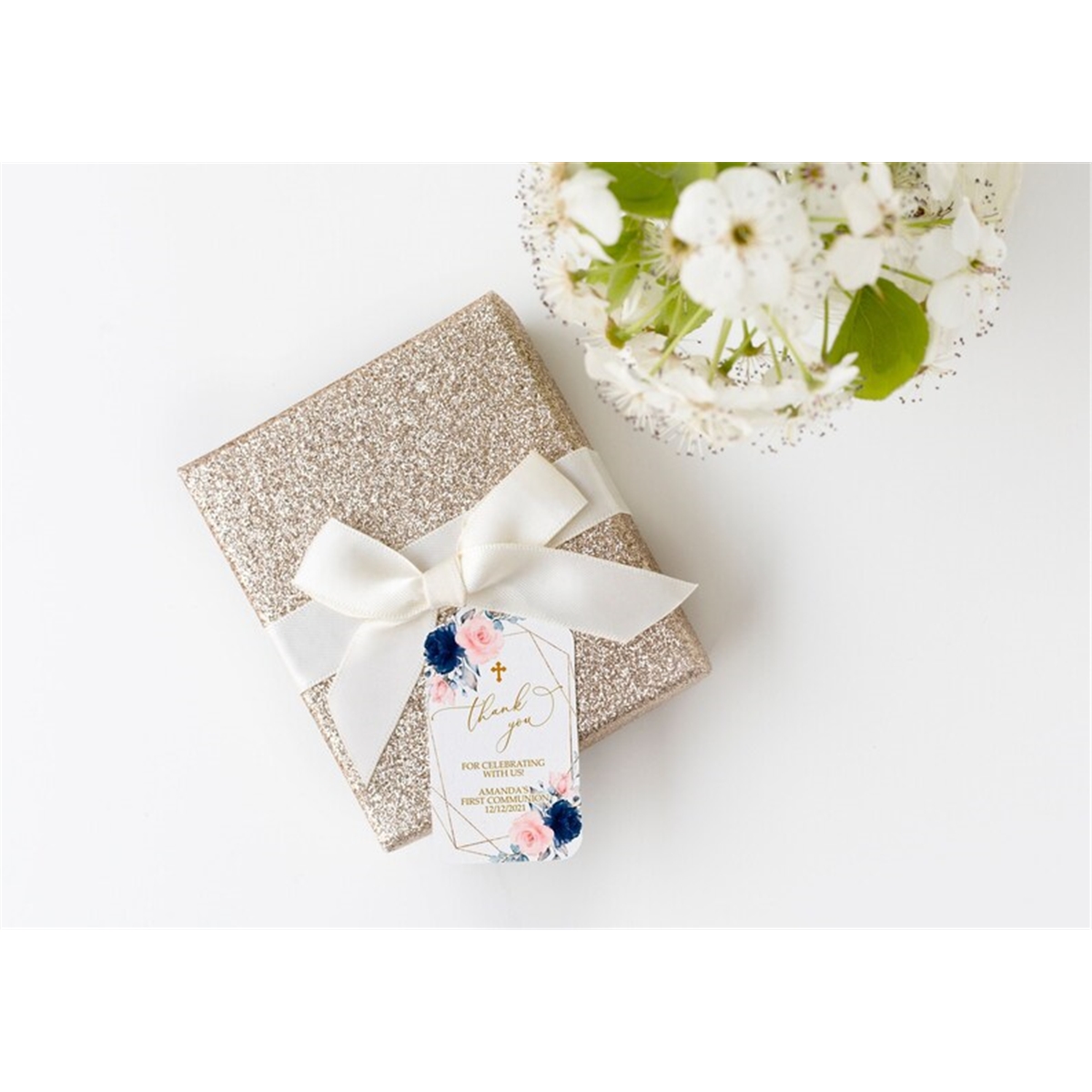 Blush Pink & Navy Floral First Communion Thank You Tag, EDIT | Inspire ...