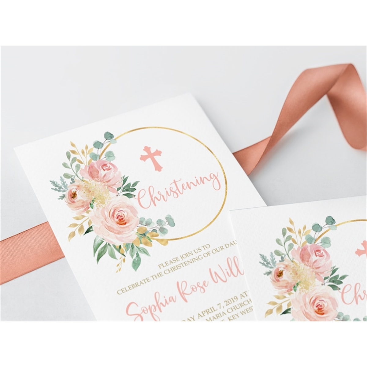 EDITABLE Christening Invitation Template, Blush Pink Floral - Inspire ...