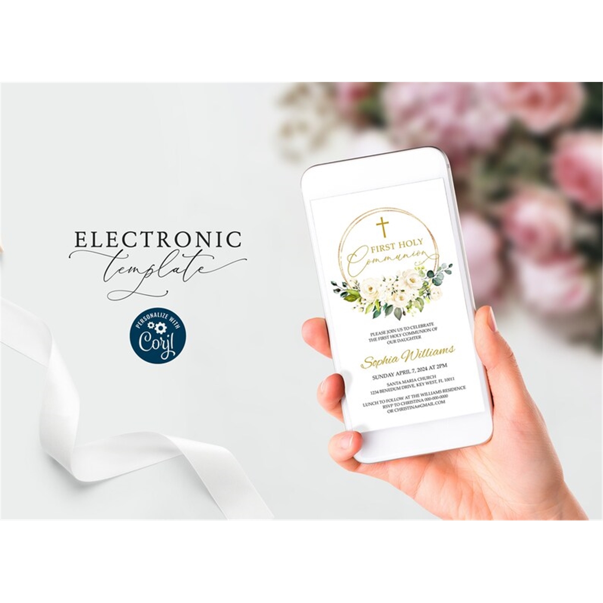 White Flowers First Holy Communion Electronic Invitation Tem - Inspire ...