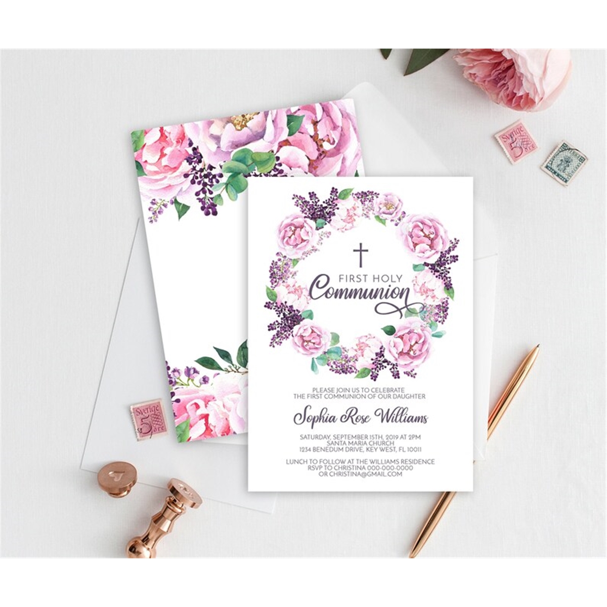 First Holy Communion Invitation, EDITABLE Template, Peonies | Inspire ...