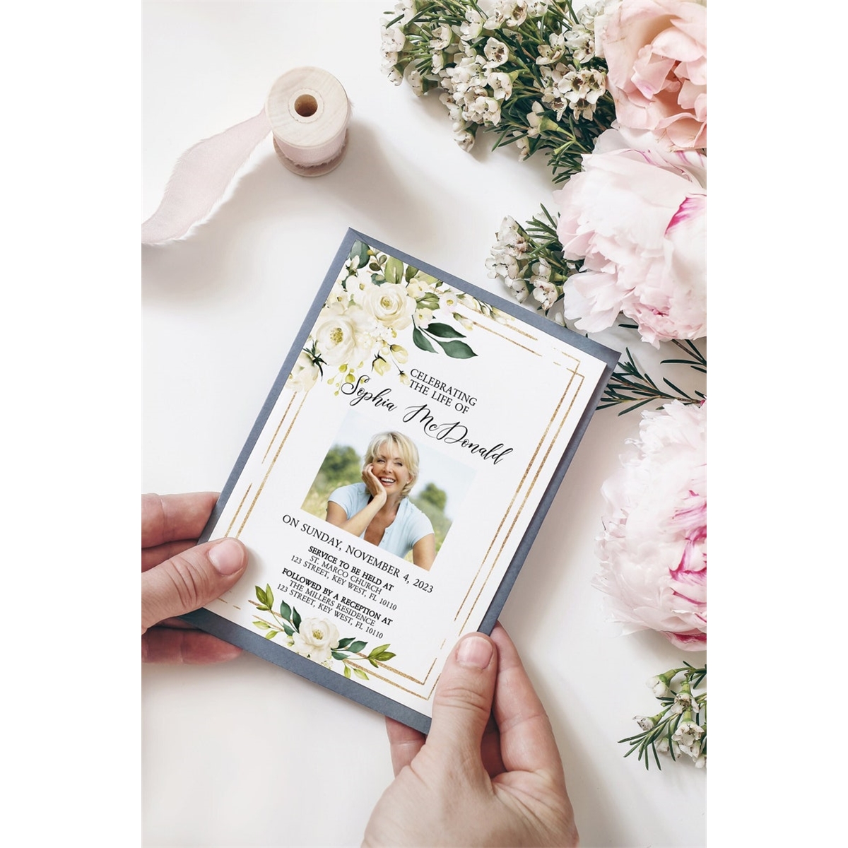 White Roses Funeral Invitation Template, EDITABLE, Printable | Inspire ...