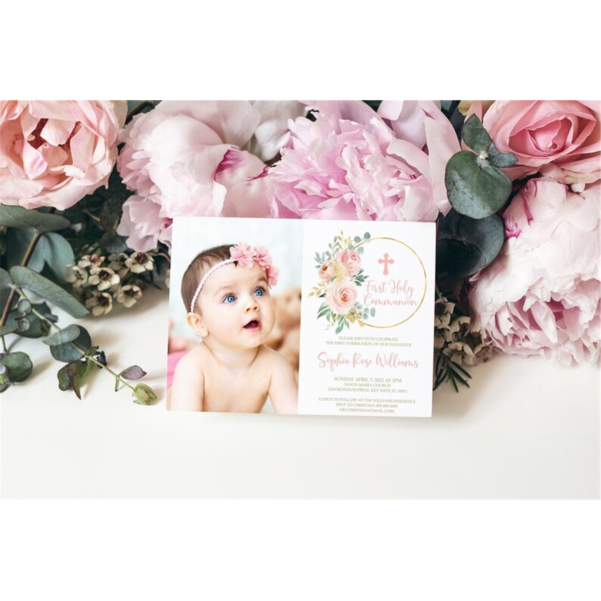 Blush Pink Floral First Communion Photo, EDITABLE Template, | Inspire ...