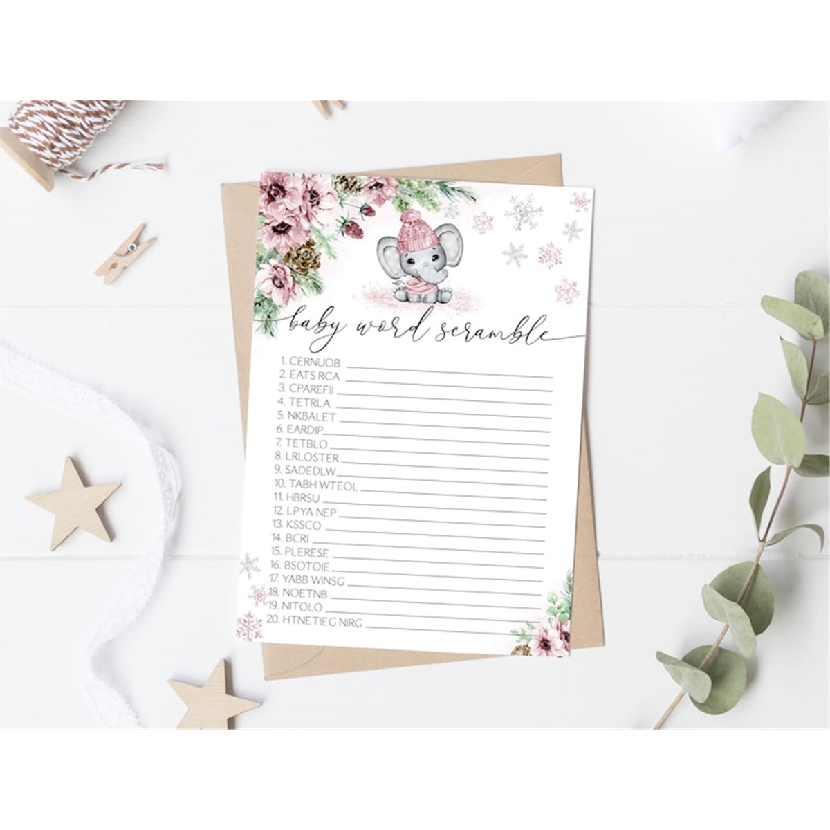 Winter Elephant Word Scramble Baby Shower Game Girl Elephant | Inspire ...