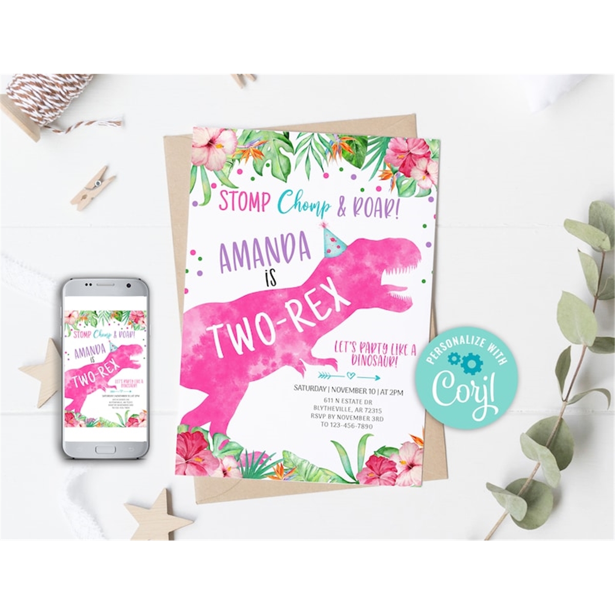 EDITABLE Two-Rex Dinosaur Birthday Invitation Dino T-Rex Inv | Inspire ...