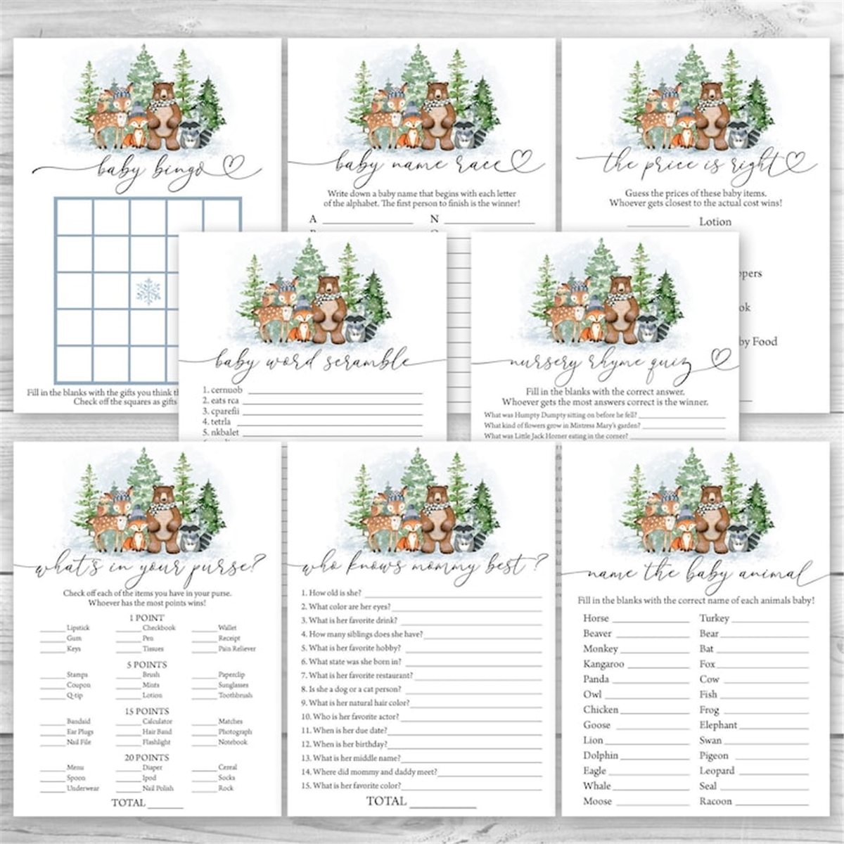 Winter Woodland Animals Baby Shower Game Package 8 Printable | Inspire ...