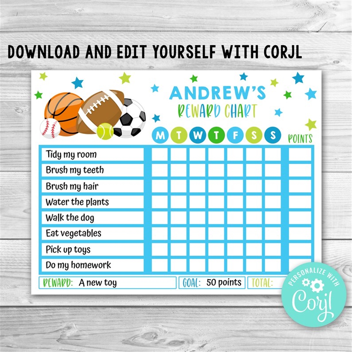 Editable Sports Reward Chart for Kids, Sports Routine Chart, | Inspire ...