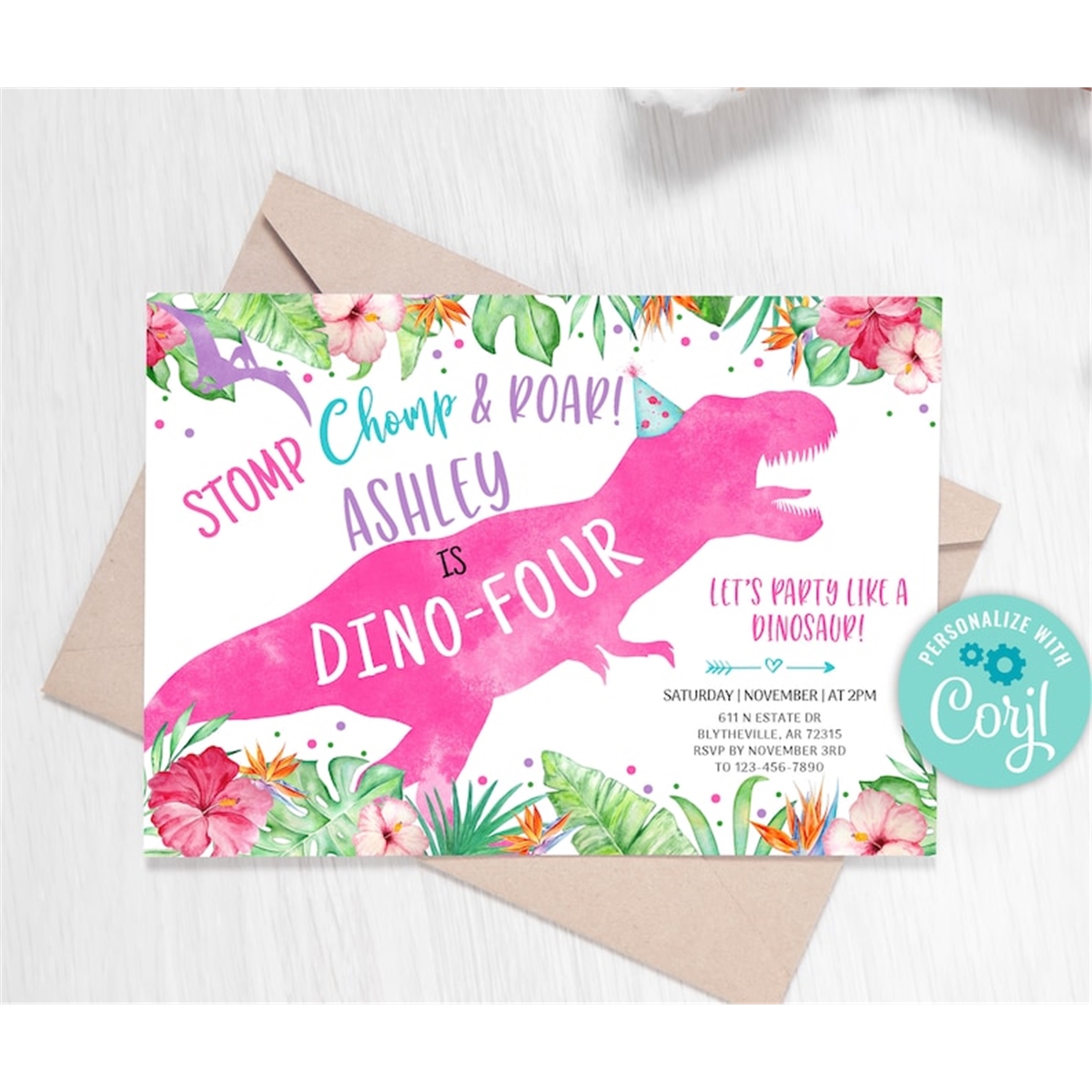 EDITABLE Dino-Four Dinosaur Birthday Invitation Girl Dino T- - Inspire ...