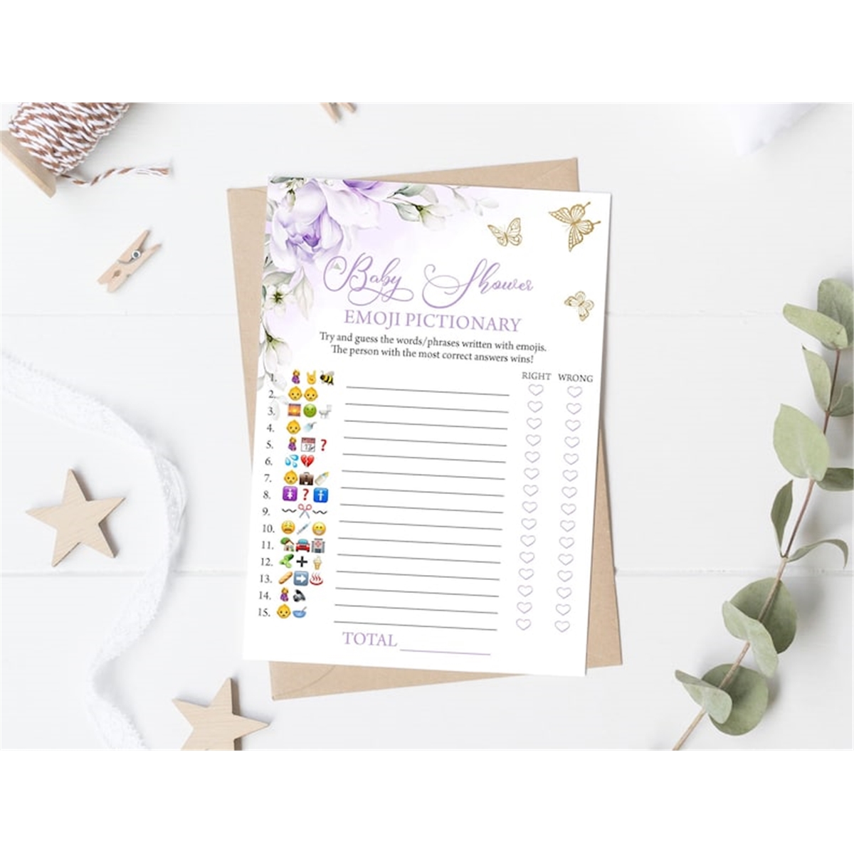 Butterfly Emoji Pictionary Baby Shower Game Purple Floral Bu - Inspire ...