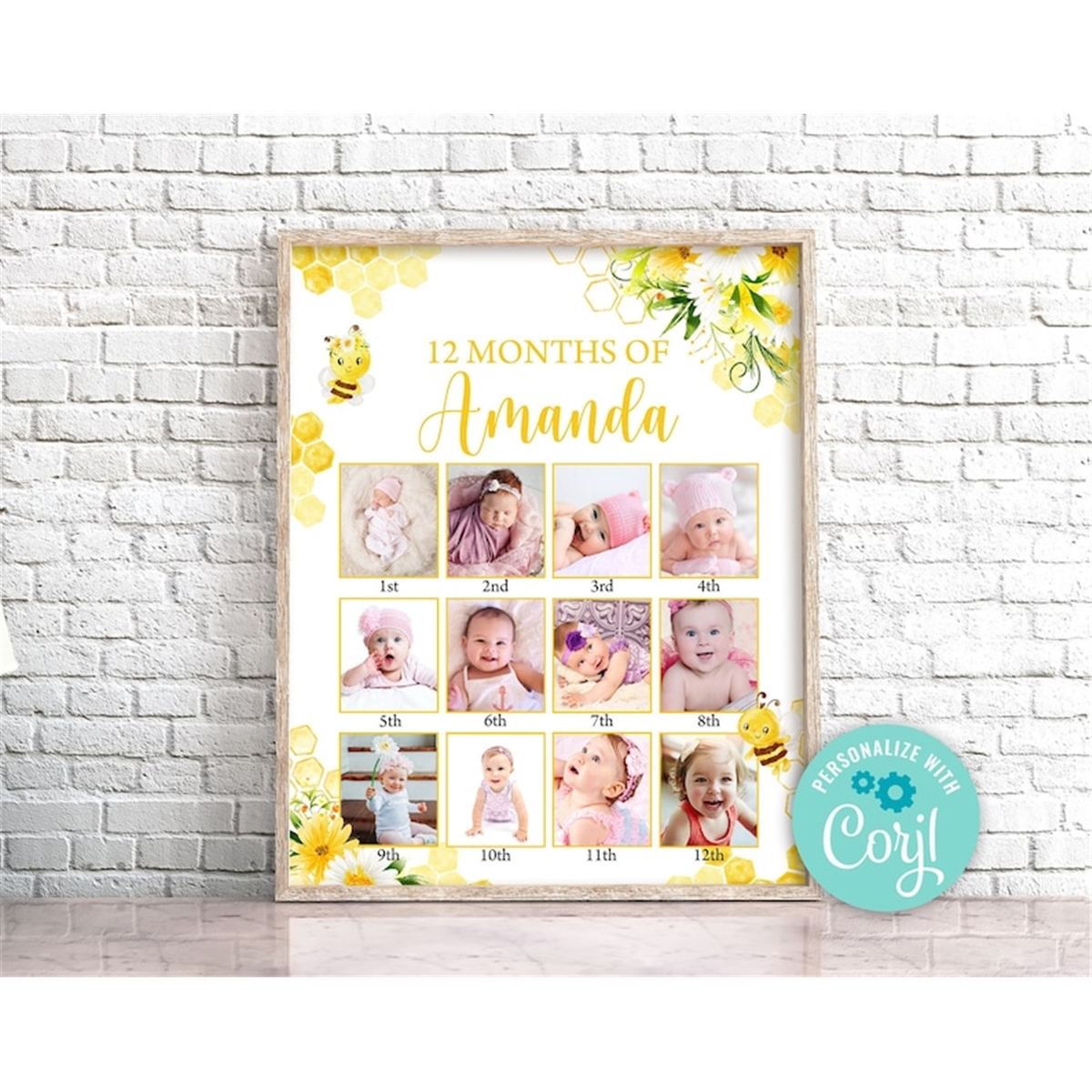 Editable Yellow Floral Bee First 12 Months Photo Collage Bum - Inspire ...