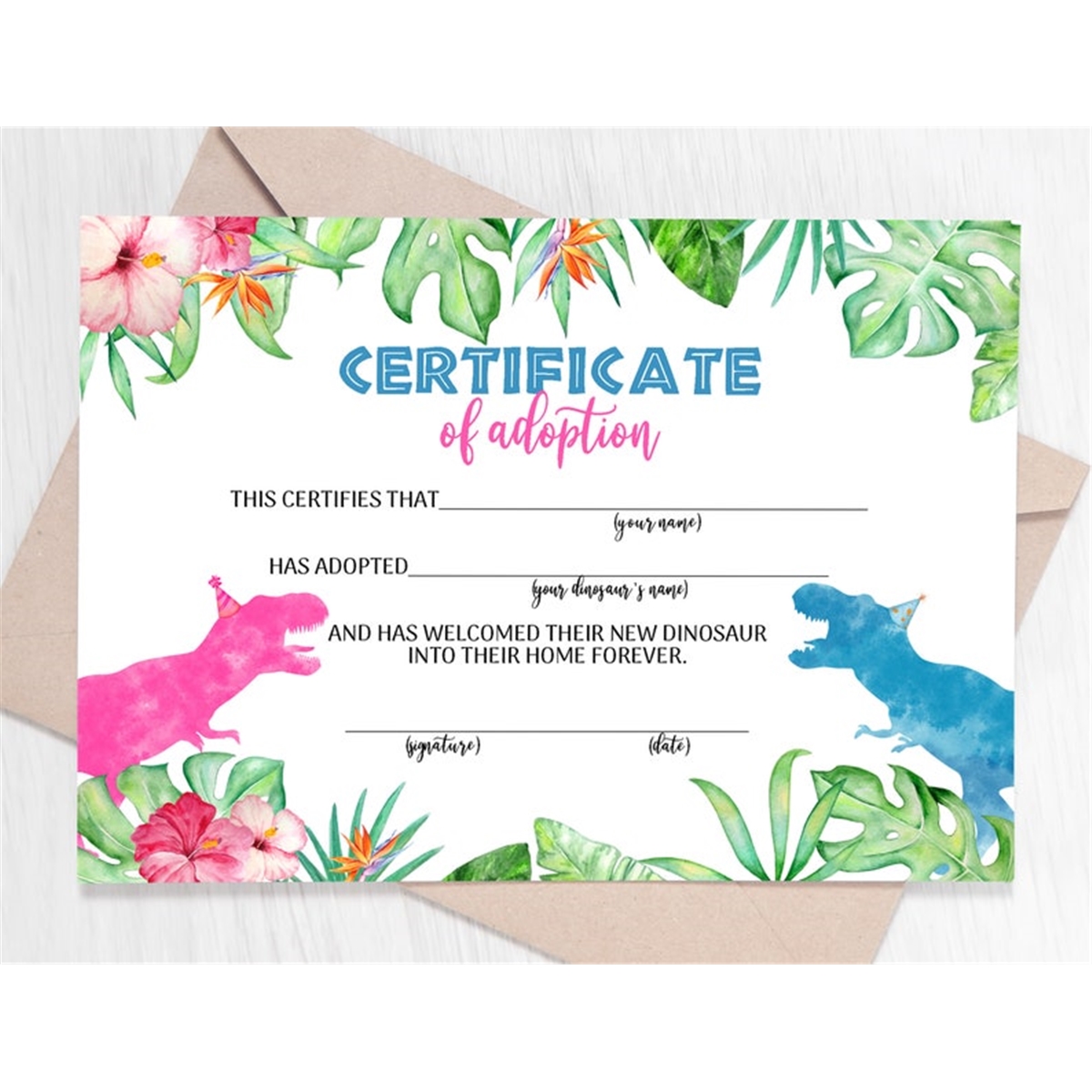 Adopt a Dinosaur Adoption Certificate Pink Blue Dinosaurs Ad | Inspire ...