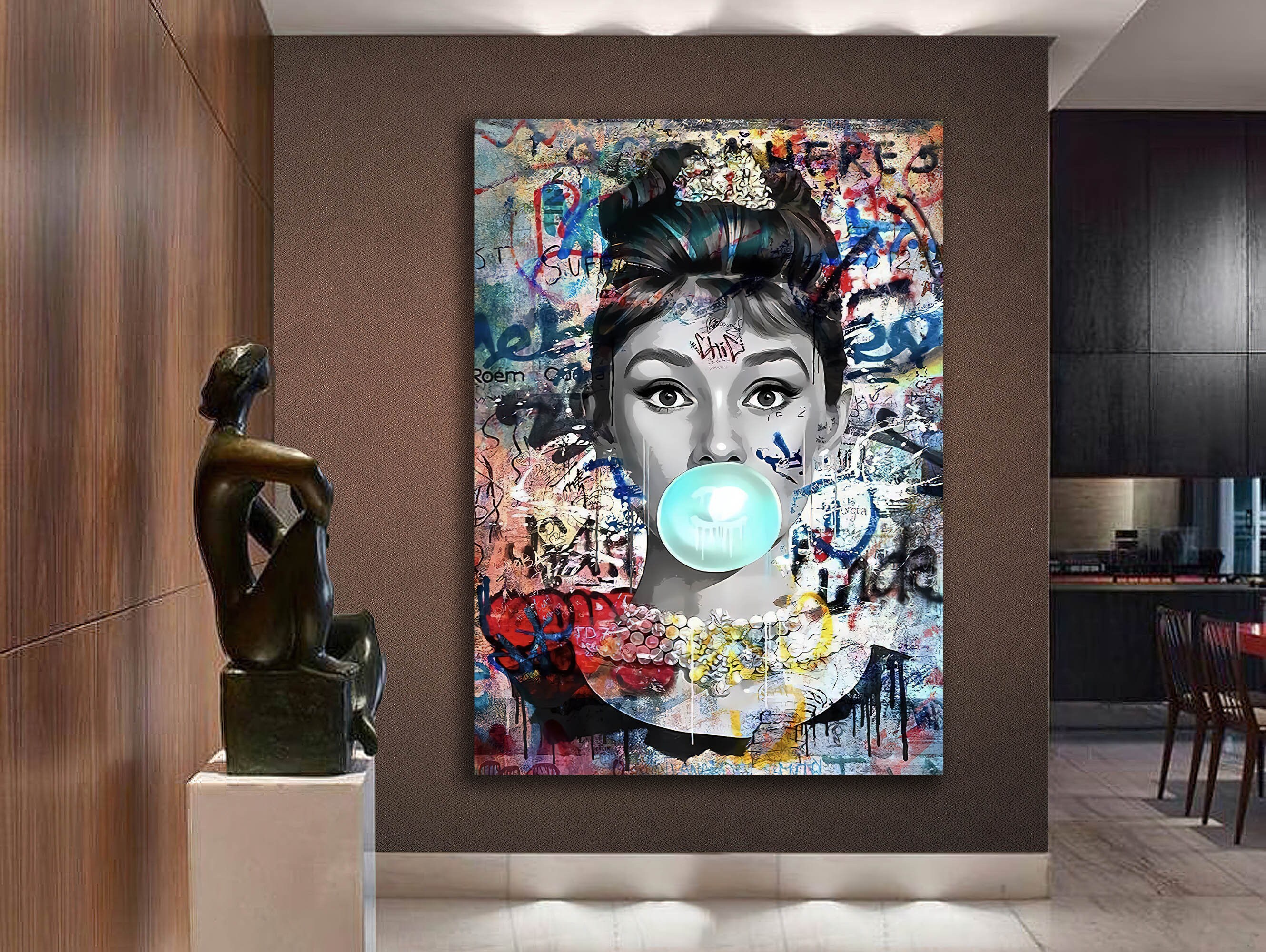 Audrey Hepburn Bubble Gum Print, Woman Poster, Famous Canvas | Inspire ...