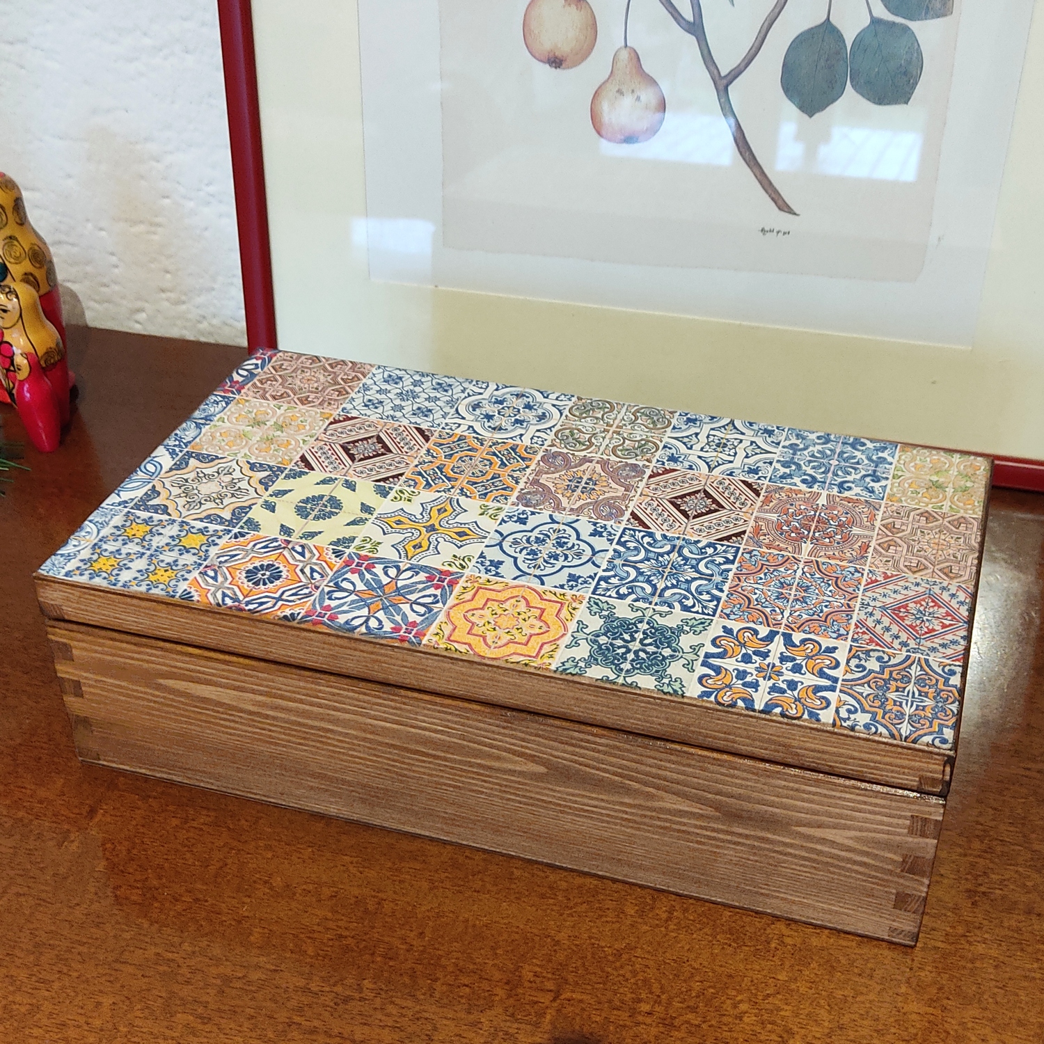 Handmade Wooden Tea Box with Spanish Tiles Immitation. | Inspire Uplift