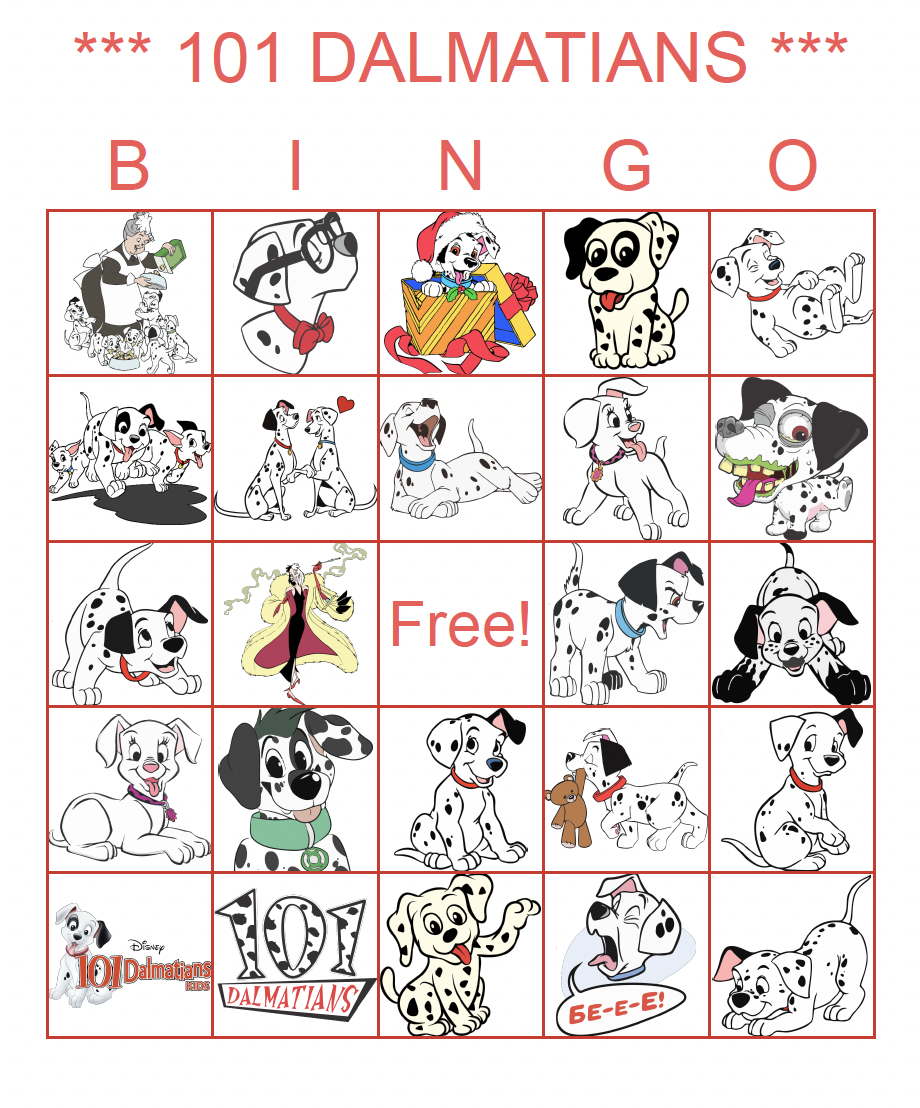 101 Dalmatians Bingo Cards Printable,Party Game,100 unique b - Inspire ...