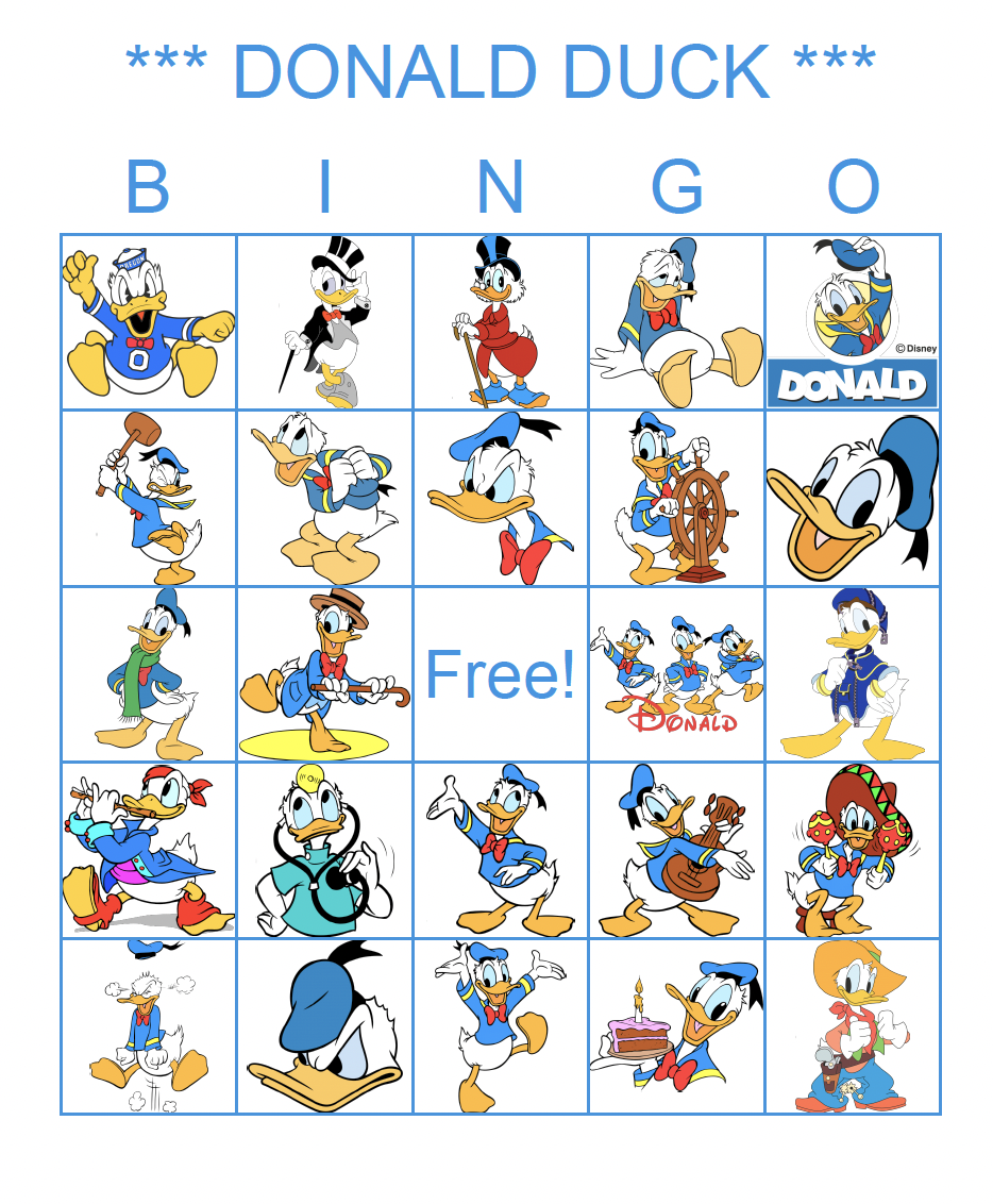 Donald Duck Bingo Cards Printable,Party Game,100 unique bing - Inspire ...