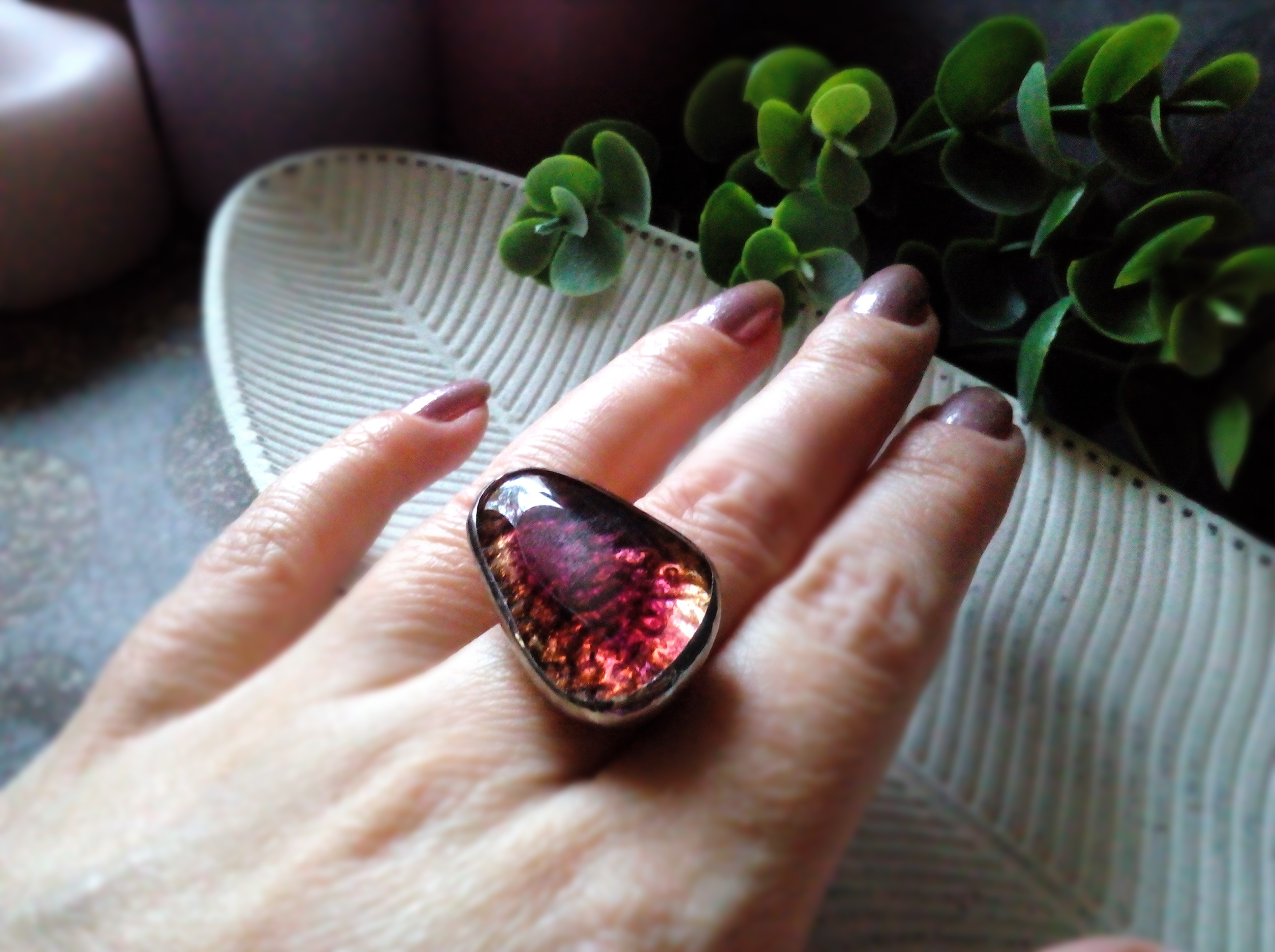Big Glass fused ring, simple stained glass, tiffany ring - Inspire Uplift