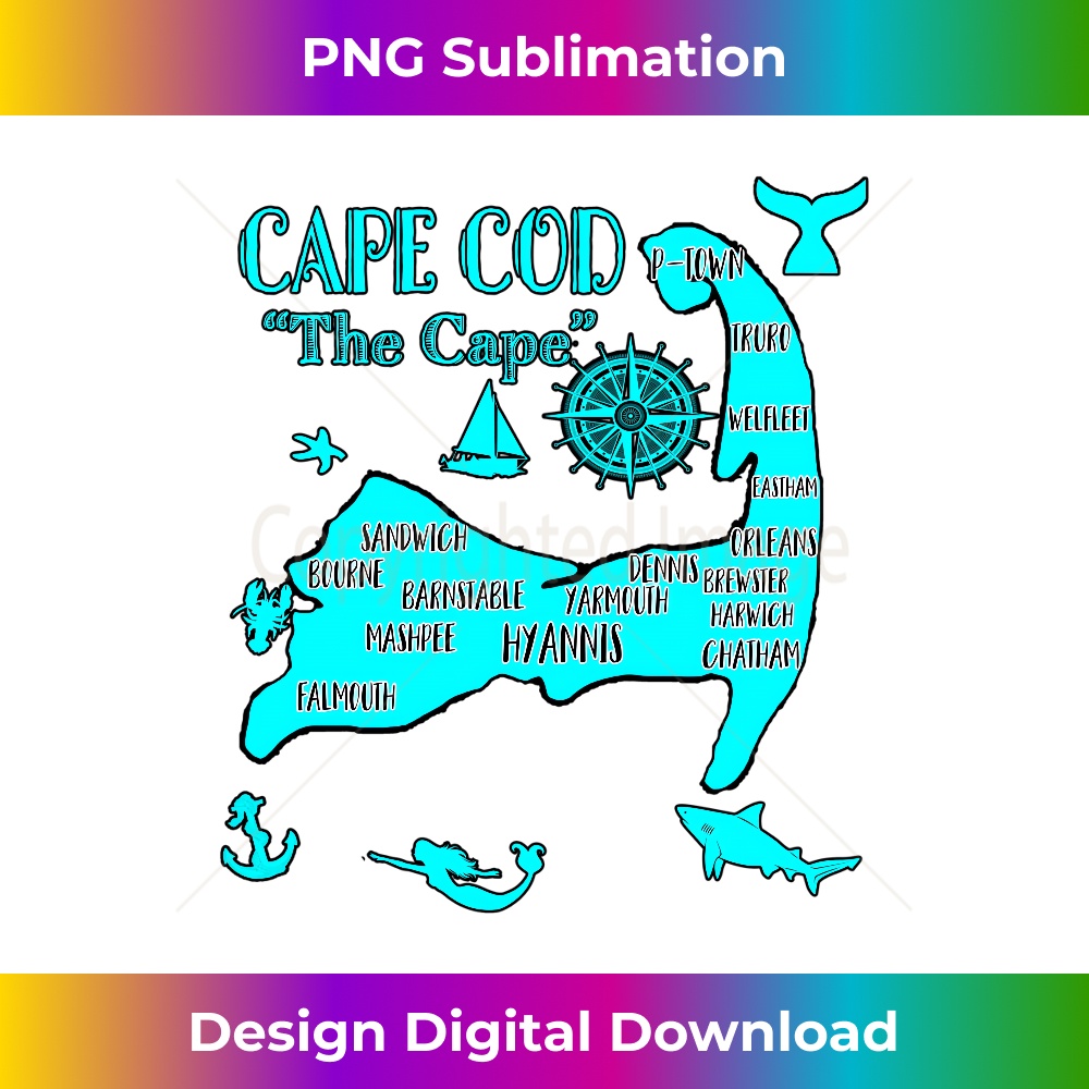 Map of Cape Cod Aqua Blue Nautical Symbols Fish Mermaid Long - Inspire ...